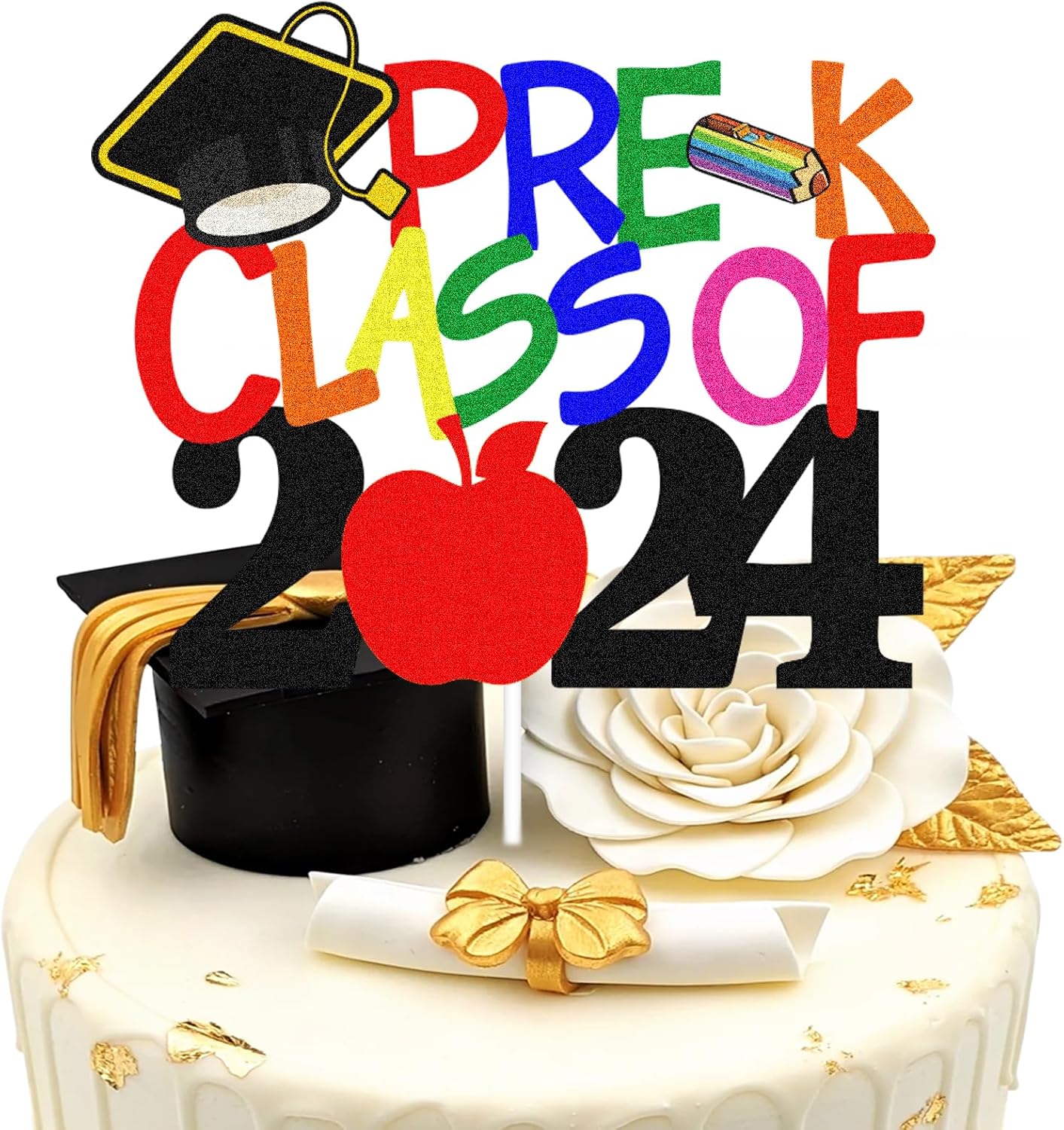 Amazon.com: Pre-K Class Of 2024 Graduation Cake Topper - Glitter Apple ...