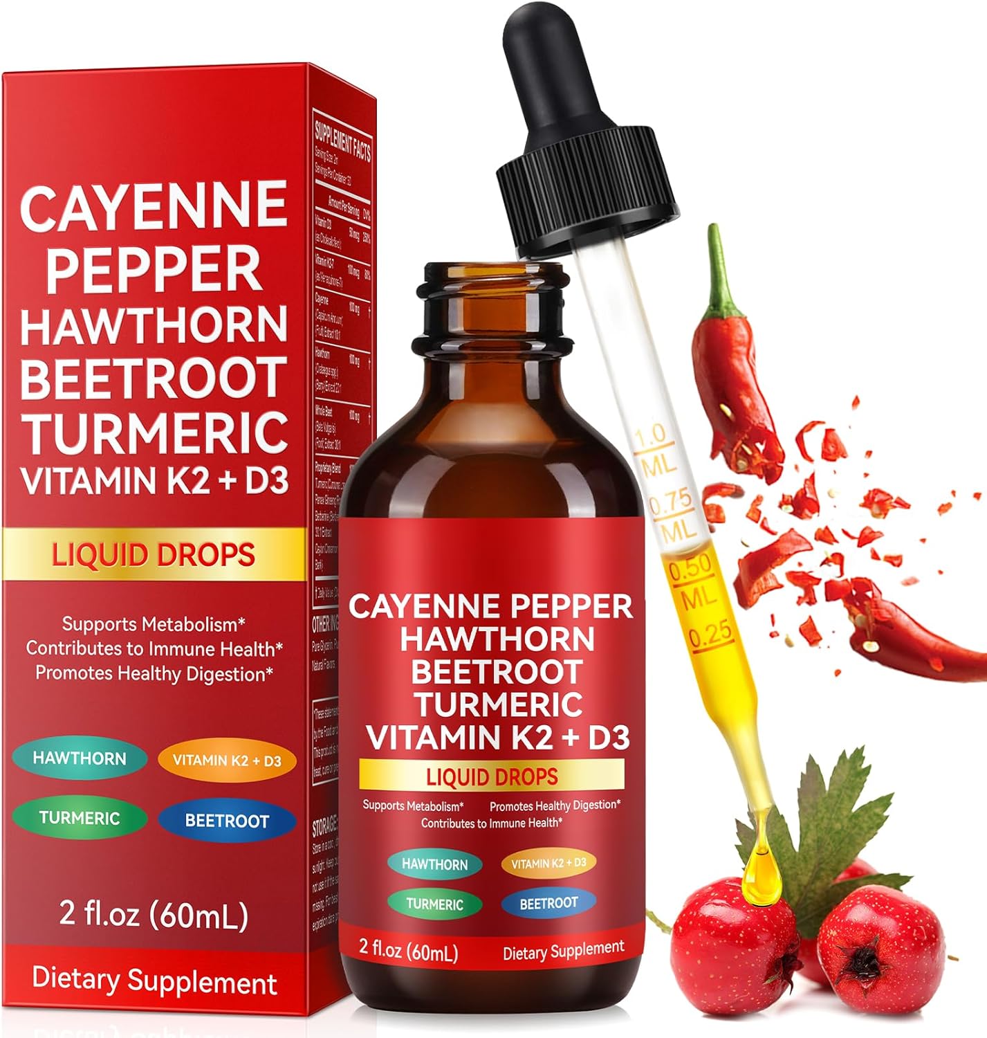 Amazon.com: Cayenne Pepper Drops, Natural Cayenne Pepper Supplement Liquid Drops,Vitamin D3 K2 ...