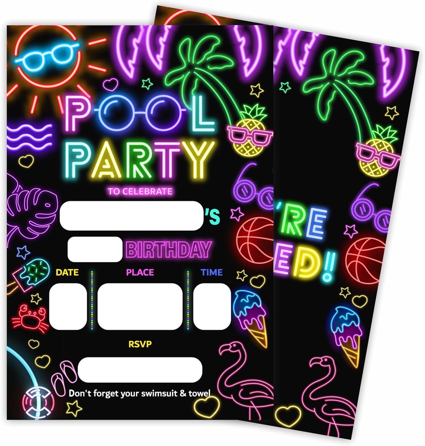 Amazon.com : Tabyon Pool Party Birthday Invitation Cards - Neon ...