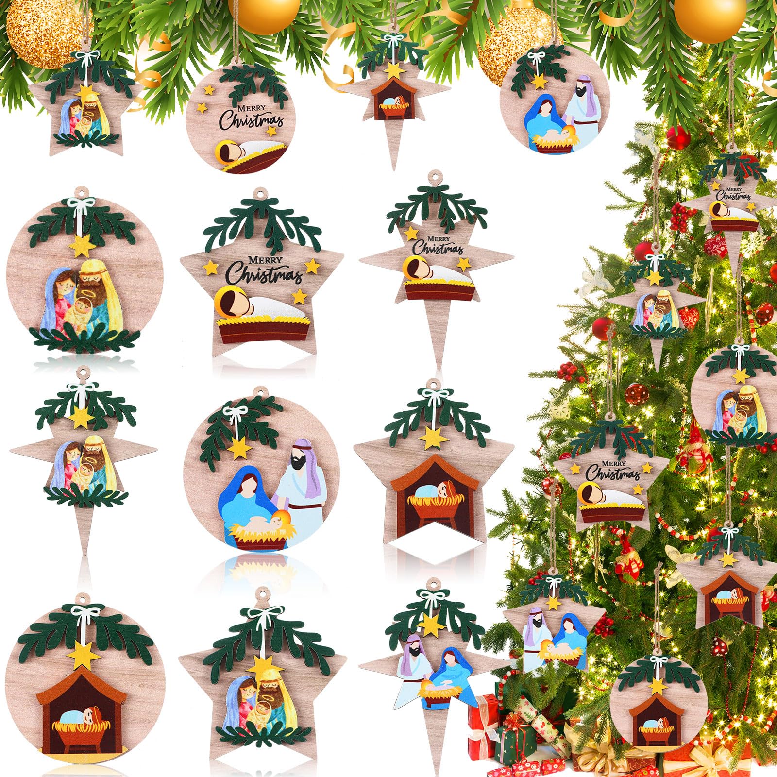 Amazon.com: Huwena 24 Pcs Christmas 3D Wooden Ornaments Vintage ...