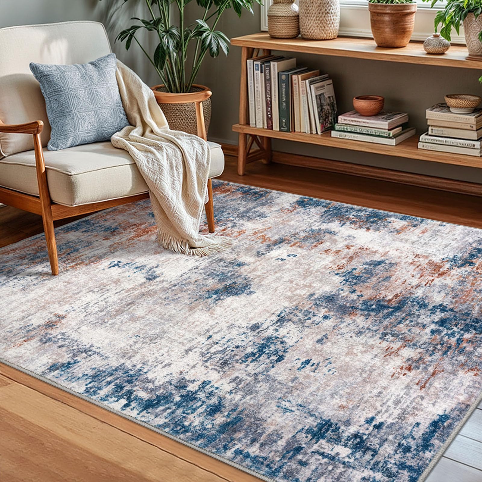 Amazon.com: Lansny Modern Abstract Small Area Rug Indoor, Grey Navy ...
