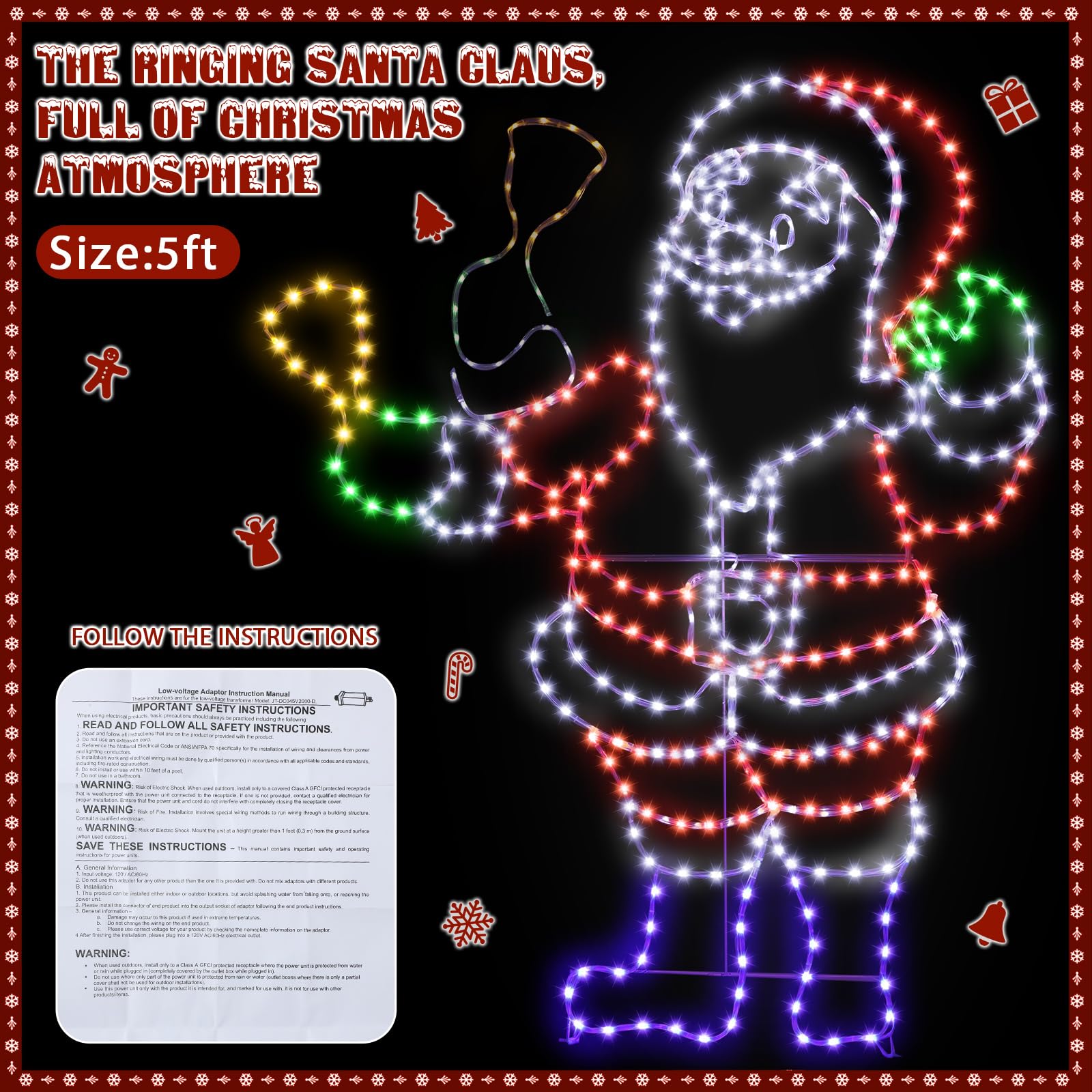 ROCEEI 5FT Folding LED Santa Claus Light, Colorful Neon Light Sign ...