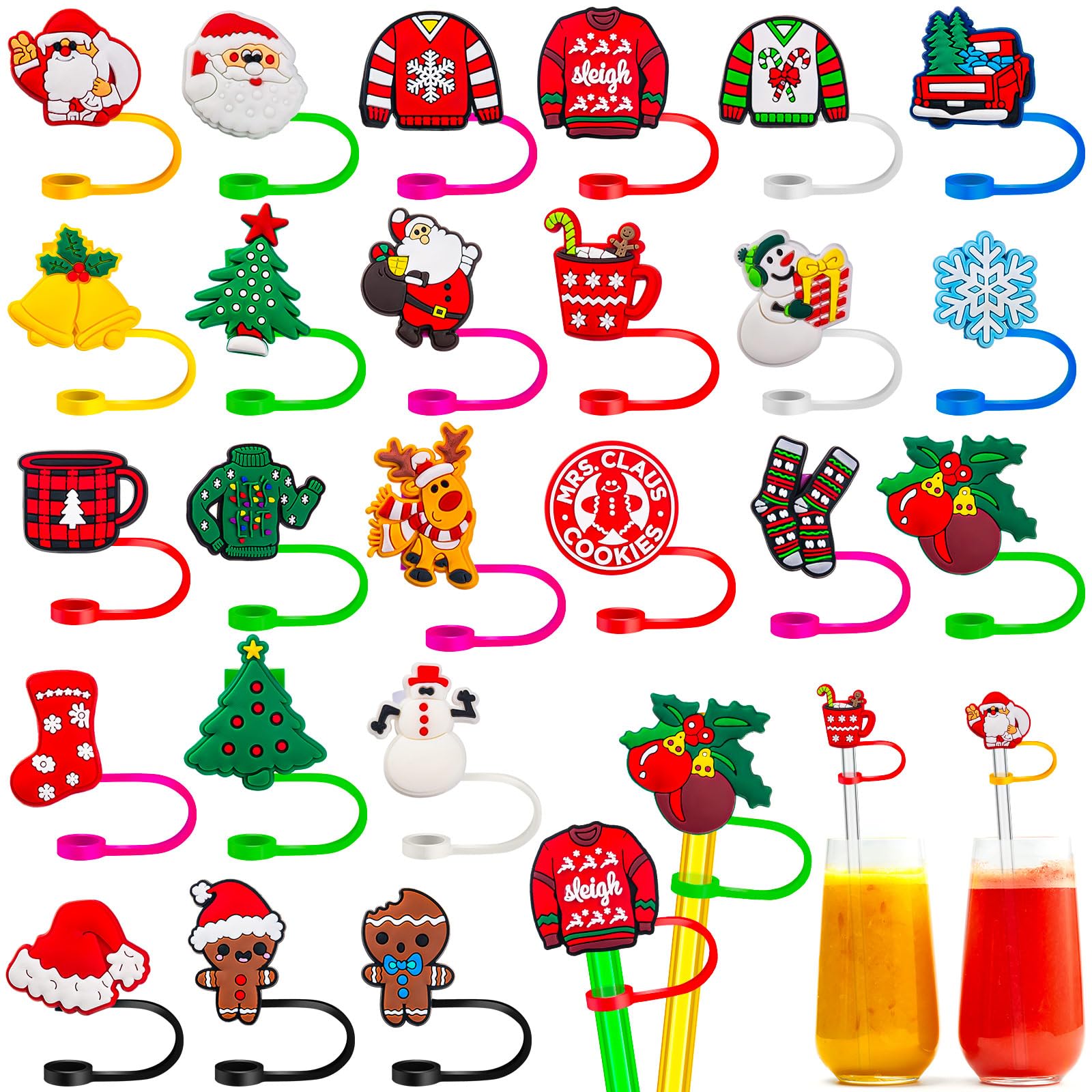 Amazon.com: 24 PCS Christmas Straw Toppers, Christmas Straw Cover Cap ...