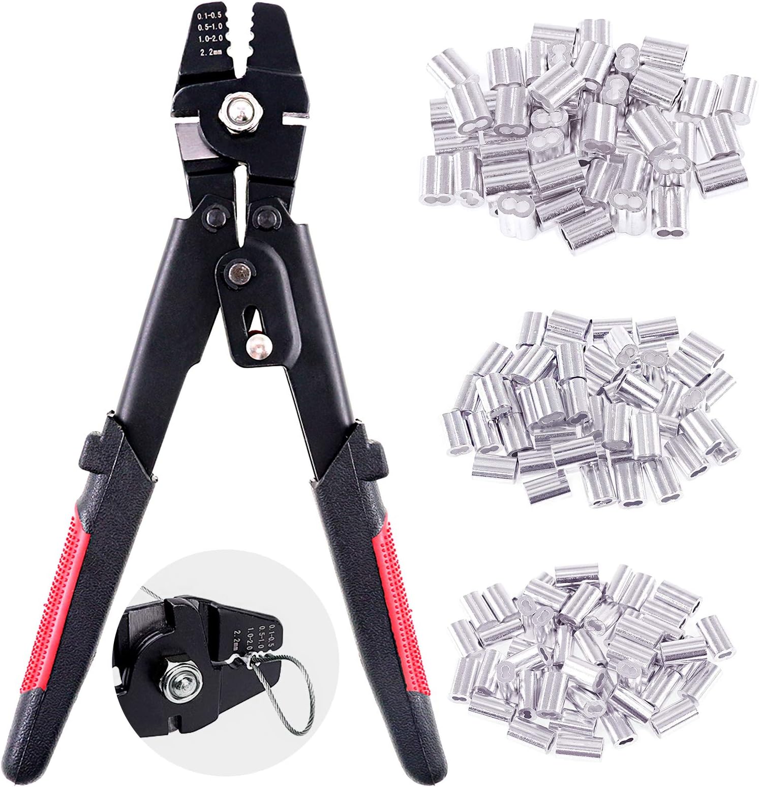 Glarks Up to 2.2mm Wire Rope Crimping Tool with 150Pcs 3 Size Aluminum ...