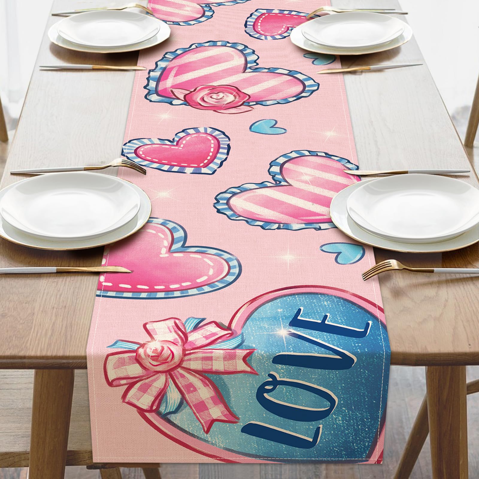 Amazon.com: Croar Valentines Day Love Table Runner, Pink Blue Hearts ...