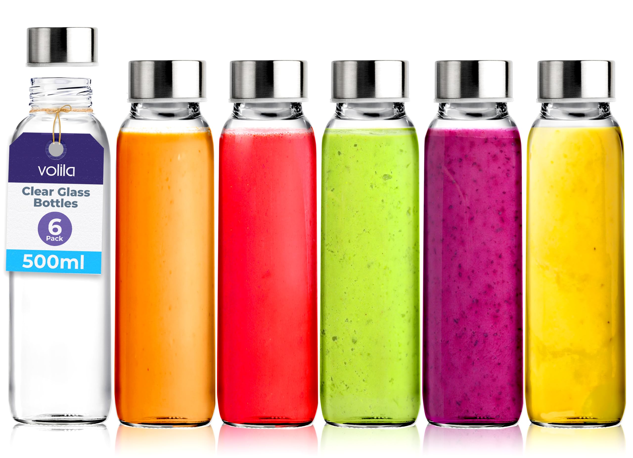 Glass Bottles with Lids - 6 Pack 500ml Leakproof Glass Bottle for Water ...