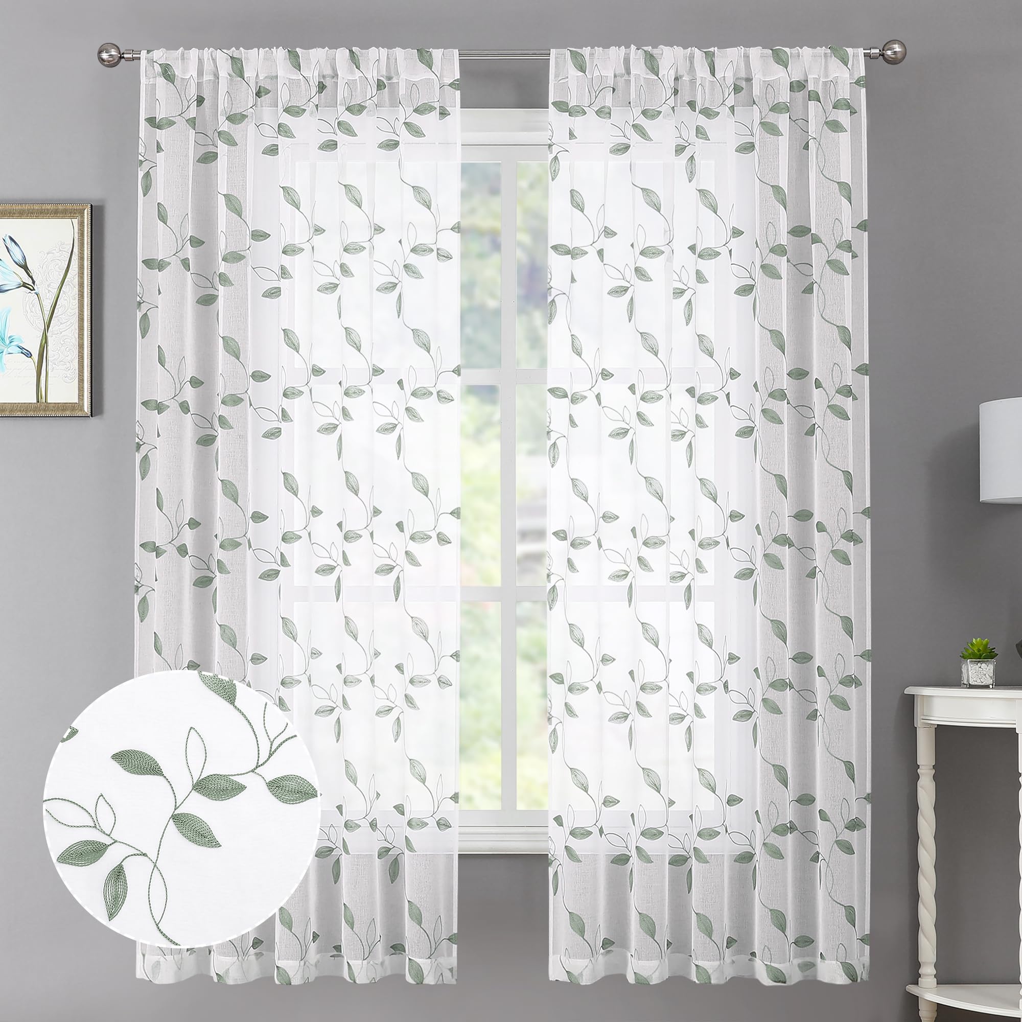 Amazon.com: Tollpiz Sage Green Leaf Sheer Curtains Leaves Embroidered ...