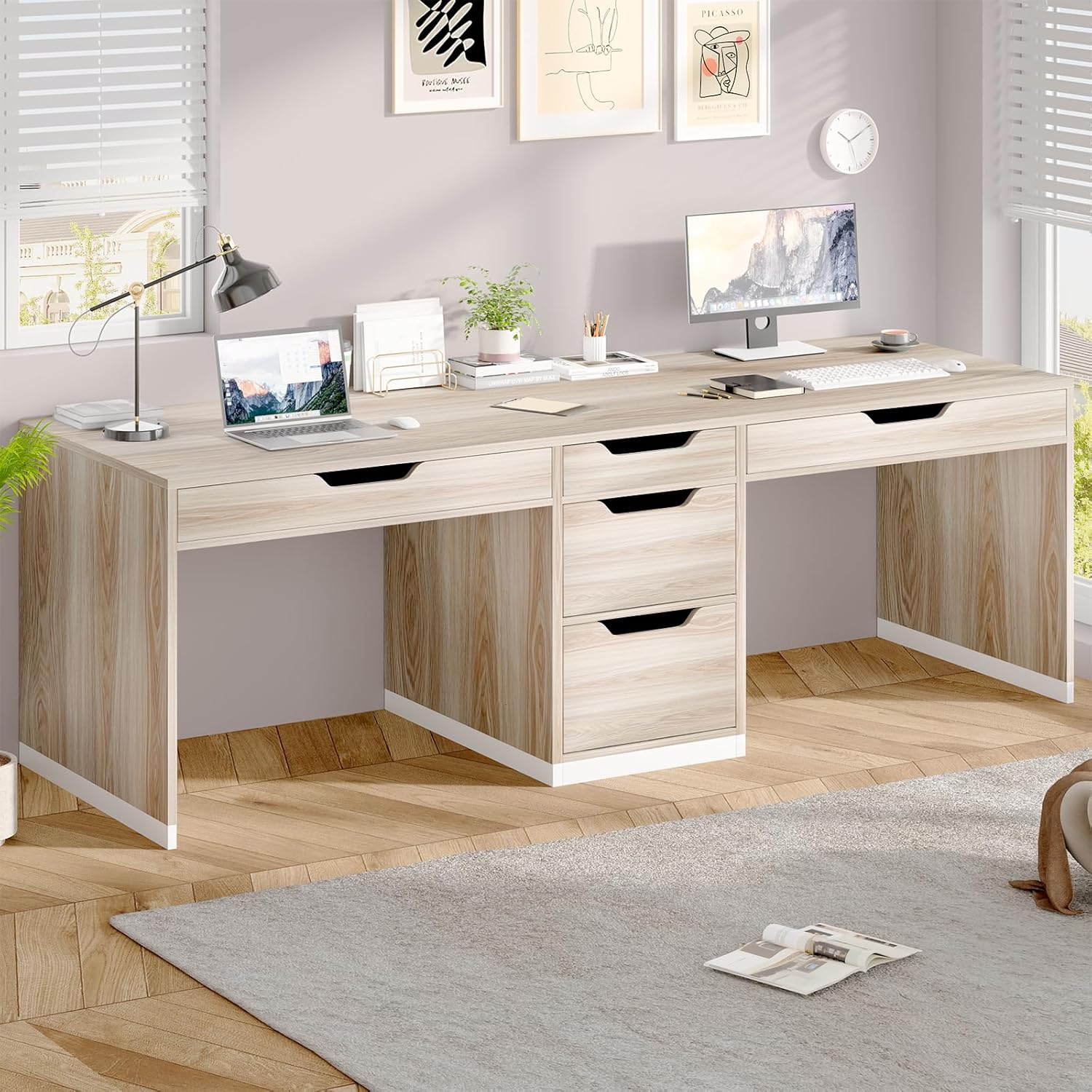 Amazon.com: MaverickFurni Two Person Desk with 5 Drawers, Double Desk ...