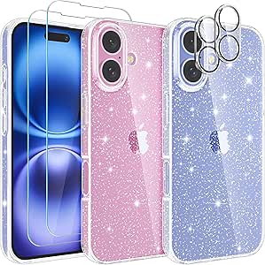 Amazon.com: KSWOUS Clear Gliter Case for iPhone 16 Plus Case with Screen Protector[2 Pack ...