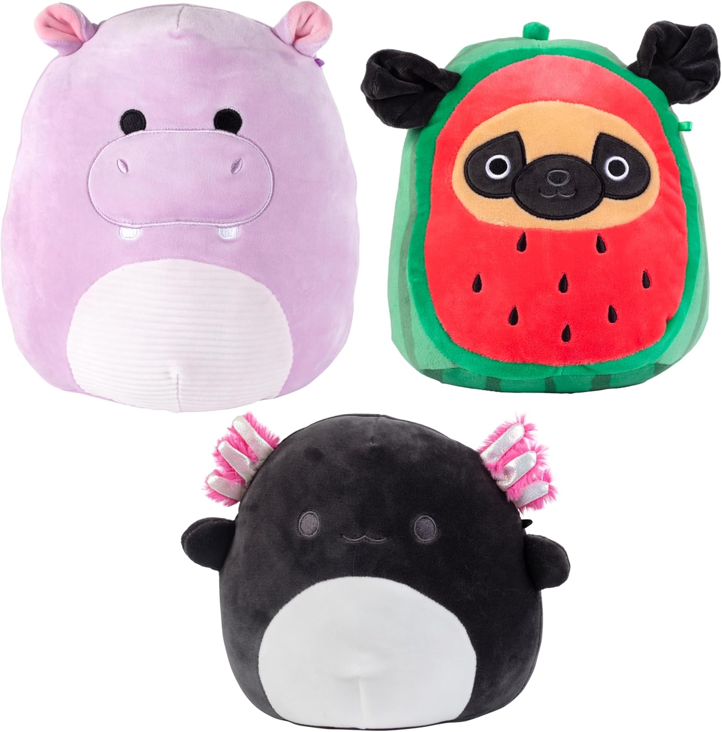Amazon.com: Squishmallows 8" Pug, Axolotl & 10" Hippo 3-Squish Value ...