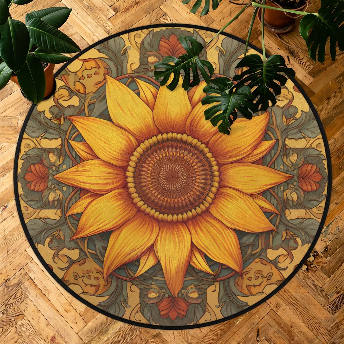 Yellow Sunflower Floral Pattern Stylish01 Round Area Rug 3ft Machine ...