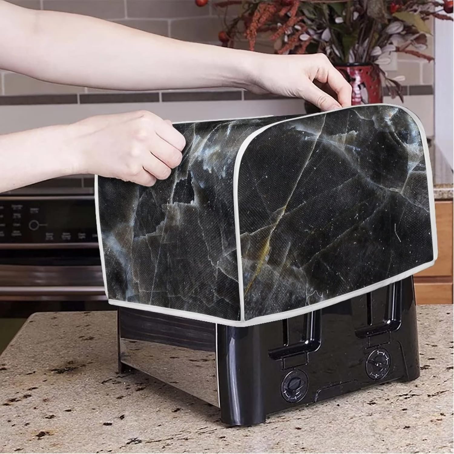 Black Marble Print 2 Slice Toaster Cover Foldable Kitchen Small ...