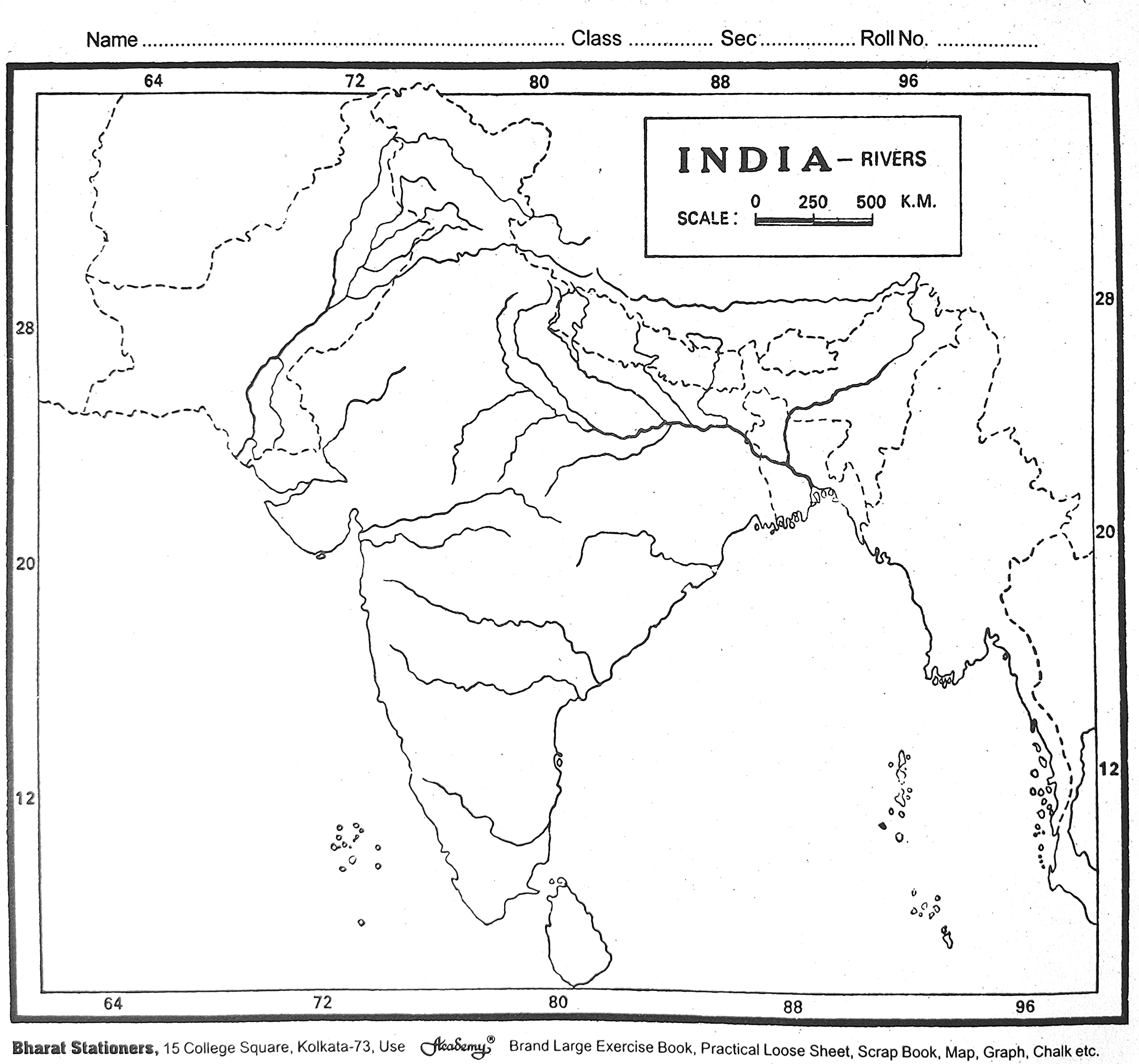 Academy INDIA RIVERS OUTLINE BLANK MAP FOR PRACTICE (100 SHEETS ...