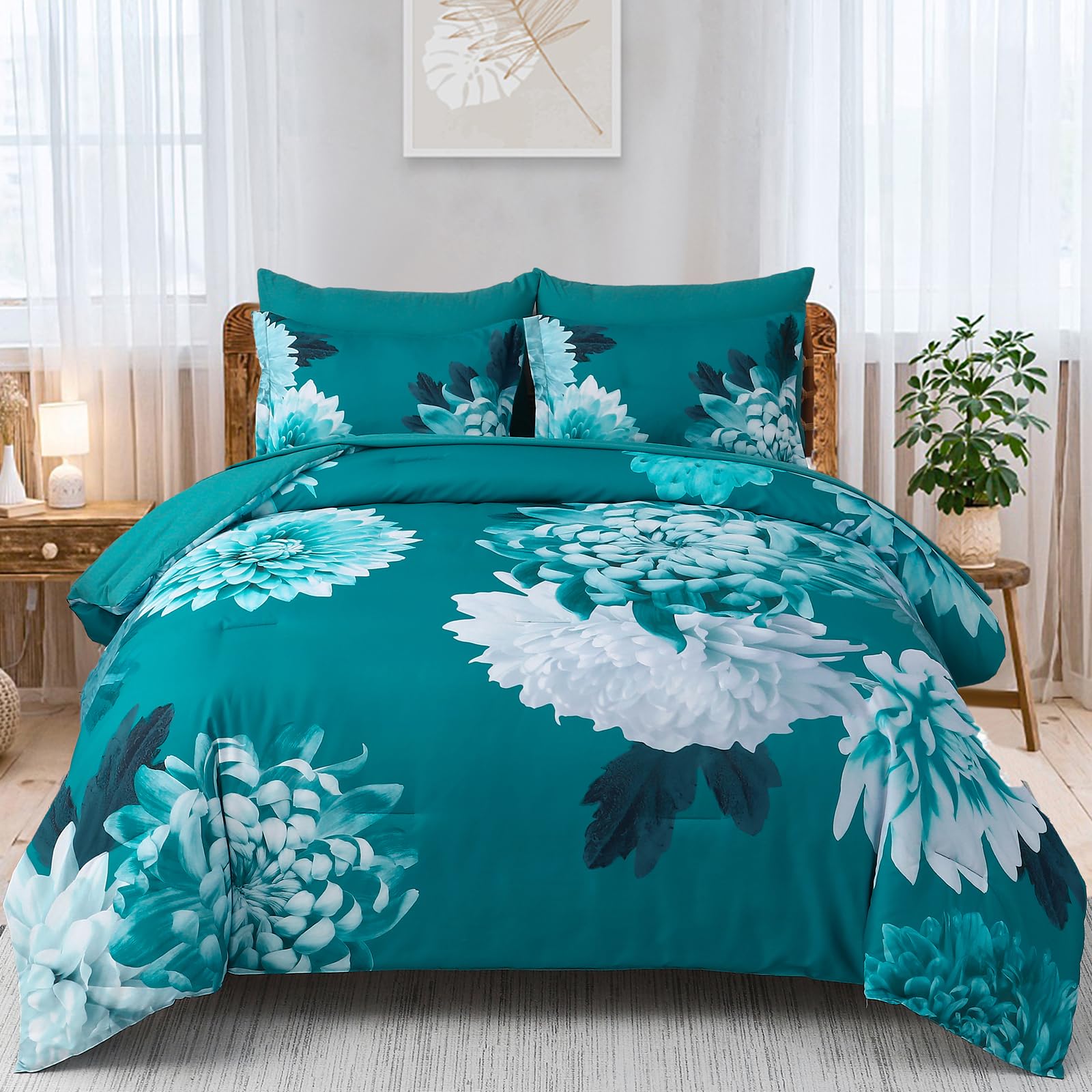 Amazon.com: DJY Teal King Comforter Set, 7 Piece Floral Comforter Set ...