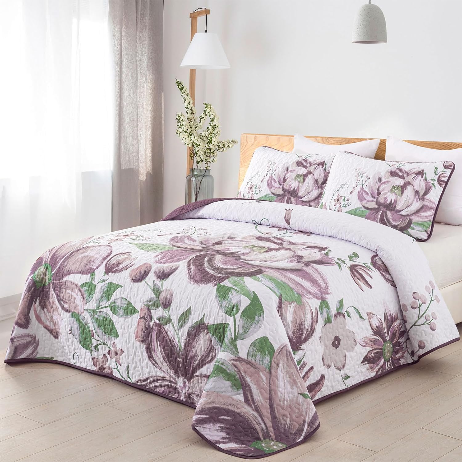 Amazon.com: Goodidea Floral Queen Quilt Set 3 Pieces Blush Flower Quilt ...