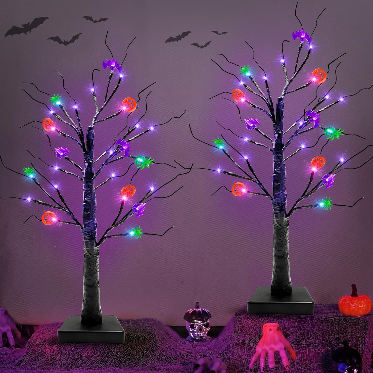 Amazon.com: 2 Pack 24 Inch Light Up Halloween Tree Timer 48 LED Battery ...