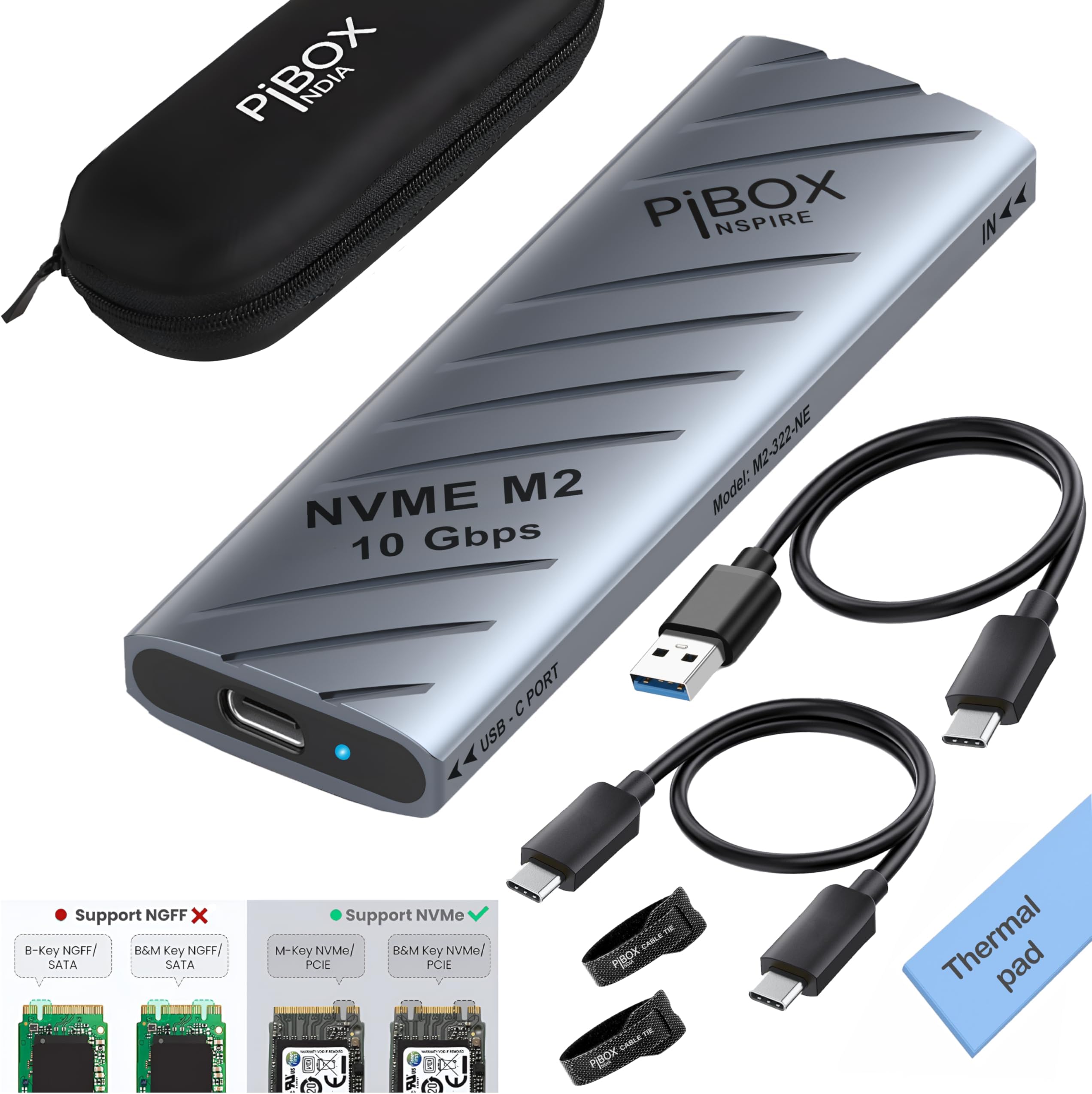 piBOX India NVMe SSD Enclosure - USB 3.2 10Gbps, Tool-Free M.2 NVMe Case, PCI-E NVMe Reader, USB ...