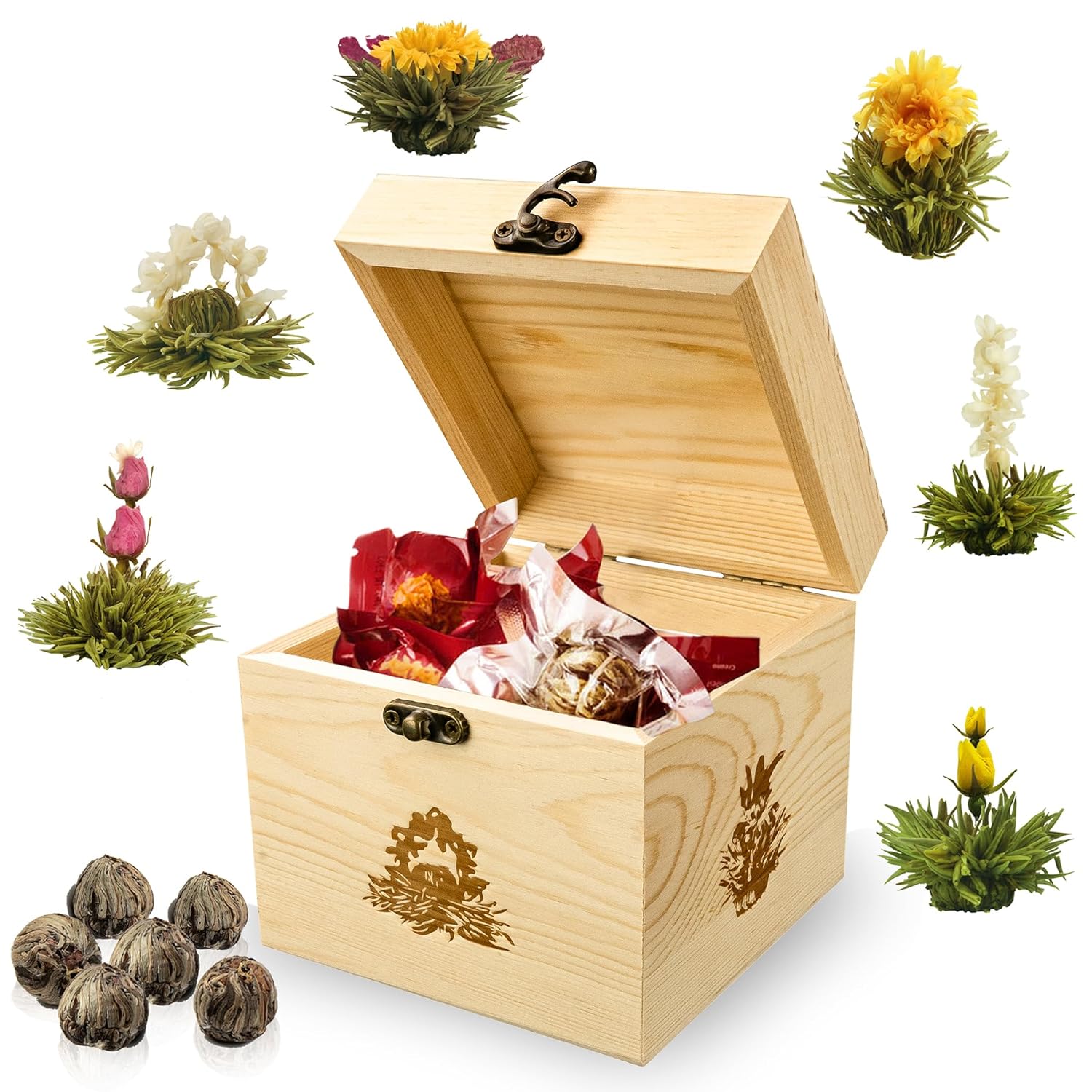 Creano ErblühTee Holz-Dekobox, Teeblumen Mix Geschenkset mit 6 Teerosen ...