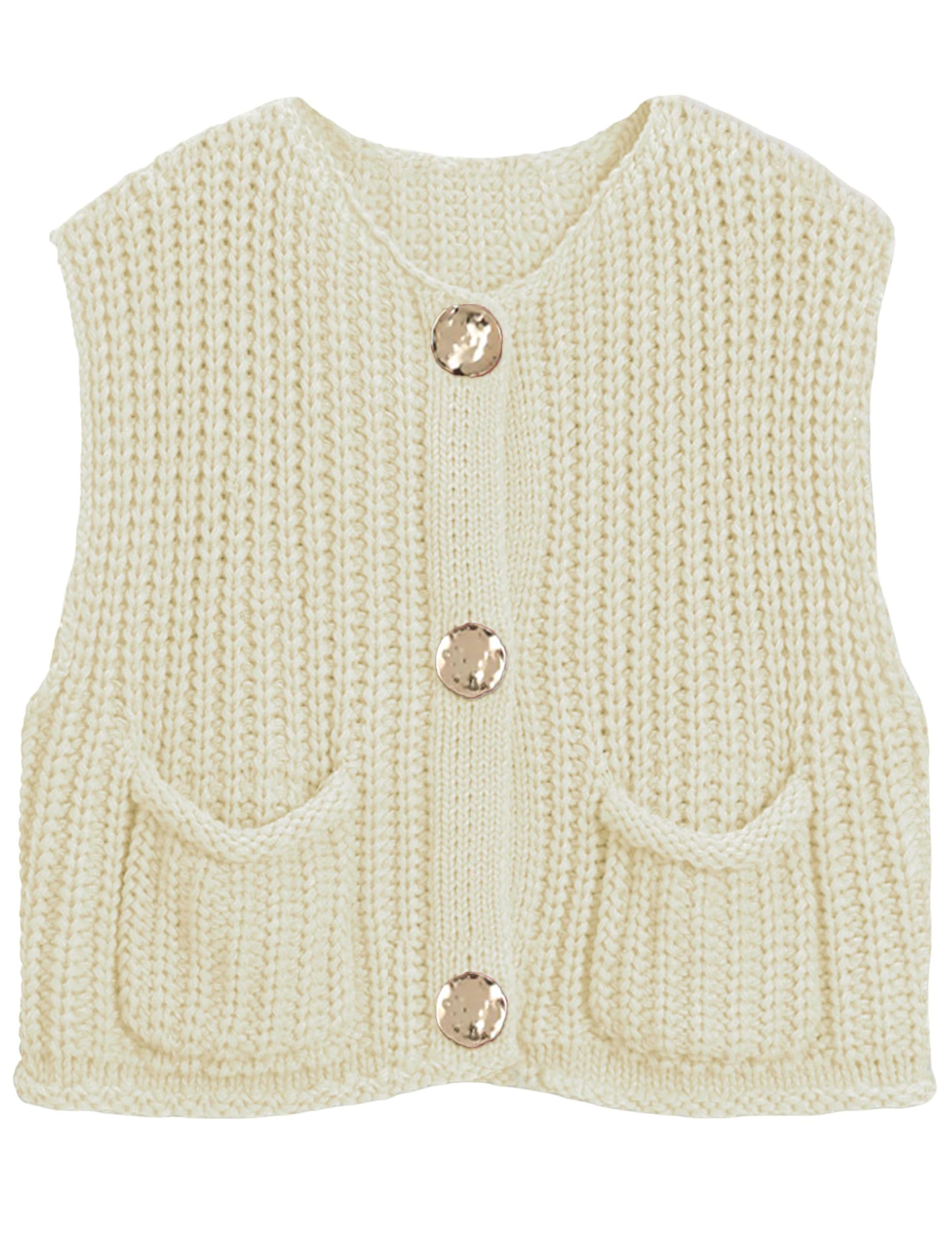 Bgylu Women's Sleeveless Chunky Knit Top Casual Cropped Button Down ...