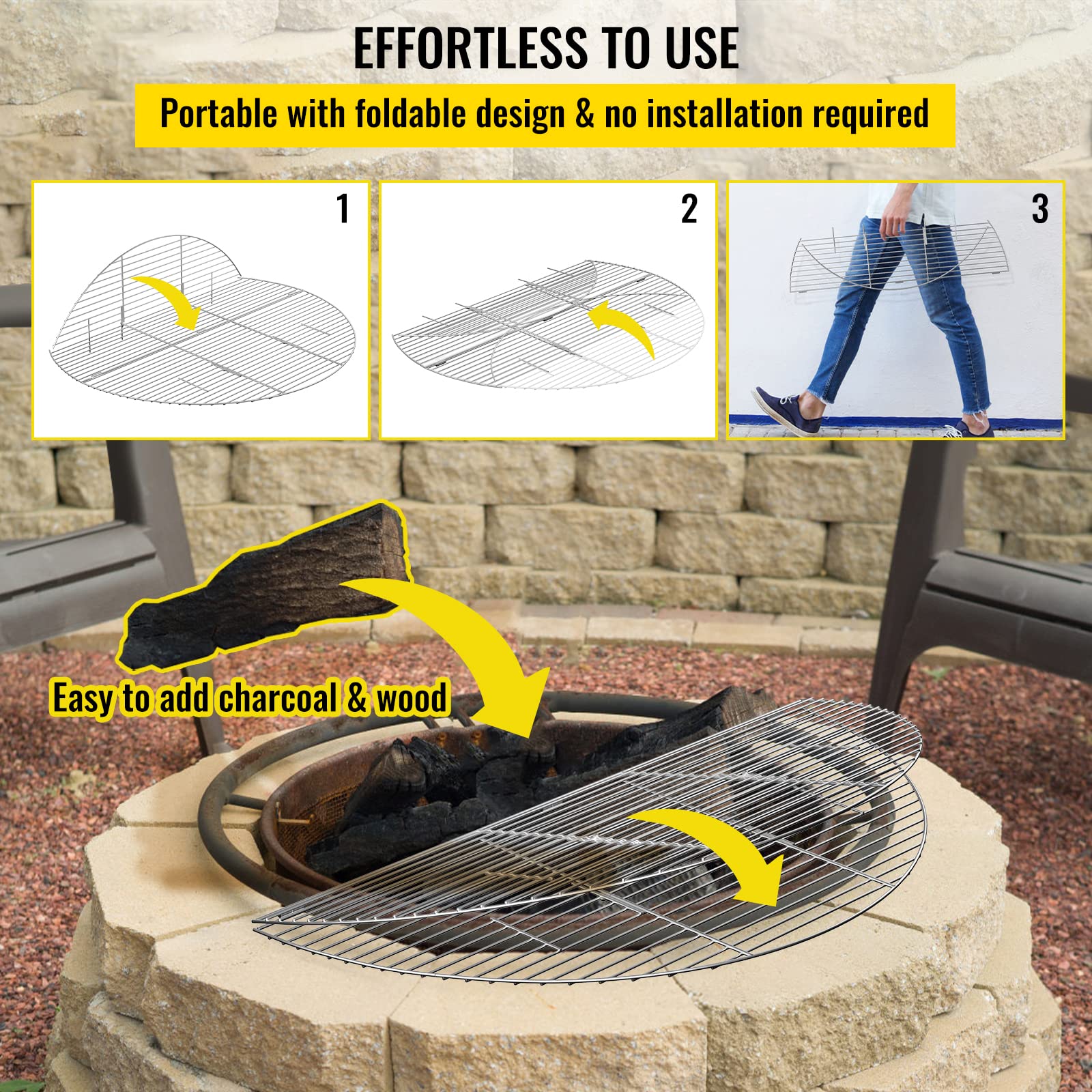 VEVOR Fire Pit Grates, Foldable Round Cooking Grate, Stainless Steel ...