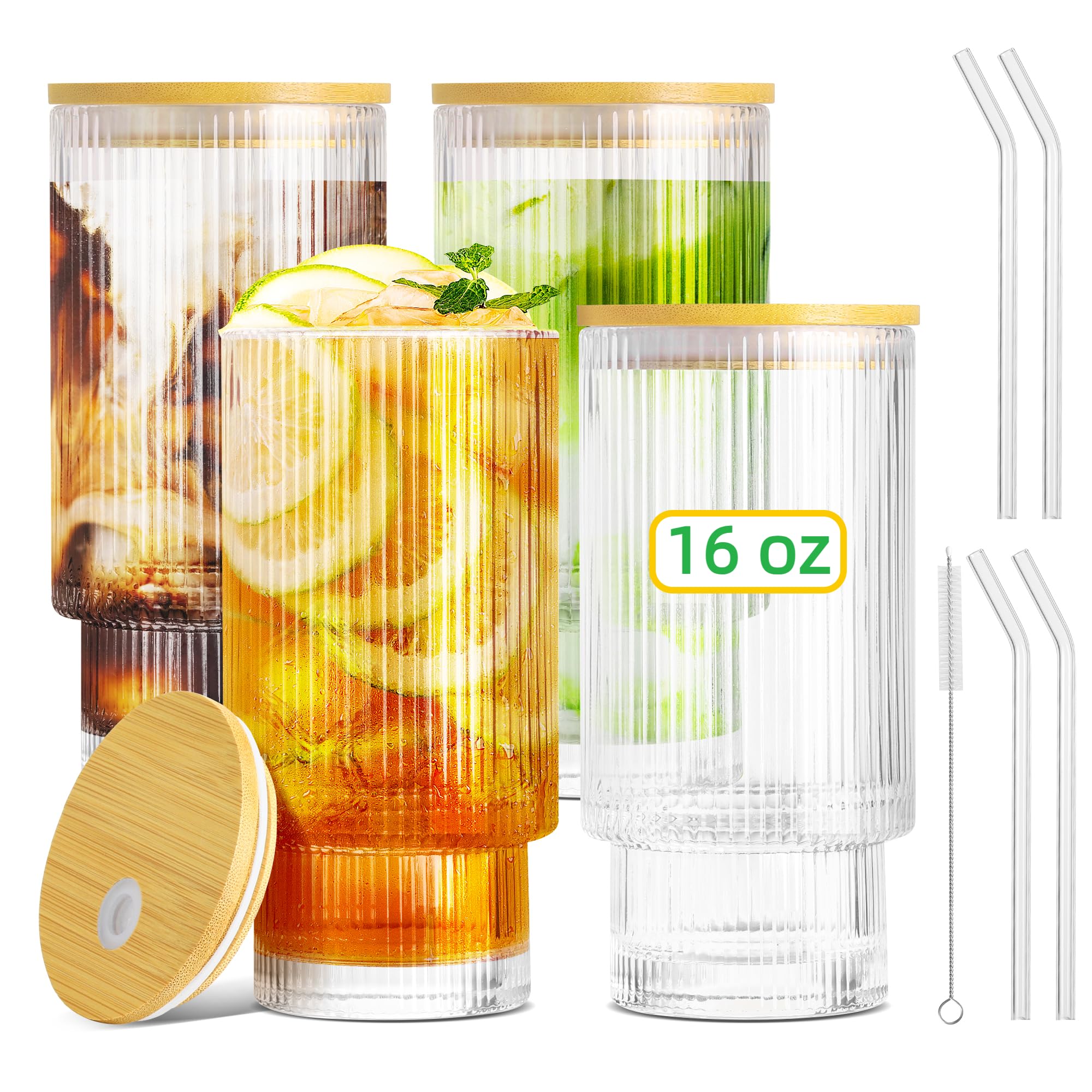 AiMQnLe 16 OZ Ribbed Drinking Glasses with Bamboo Lids and Straws, Set ...