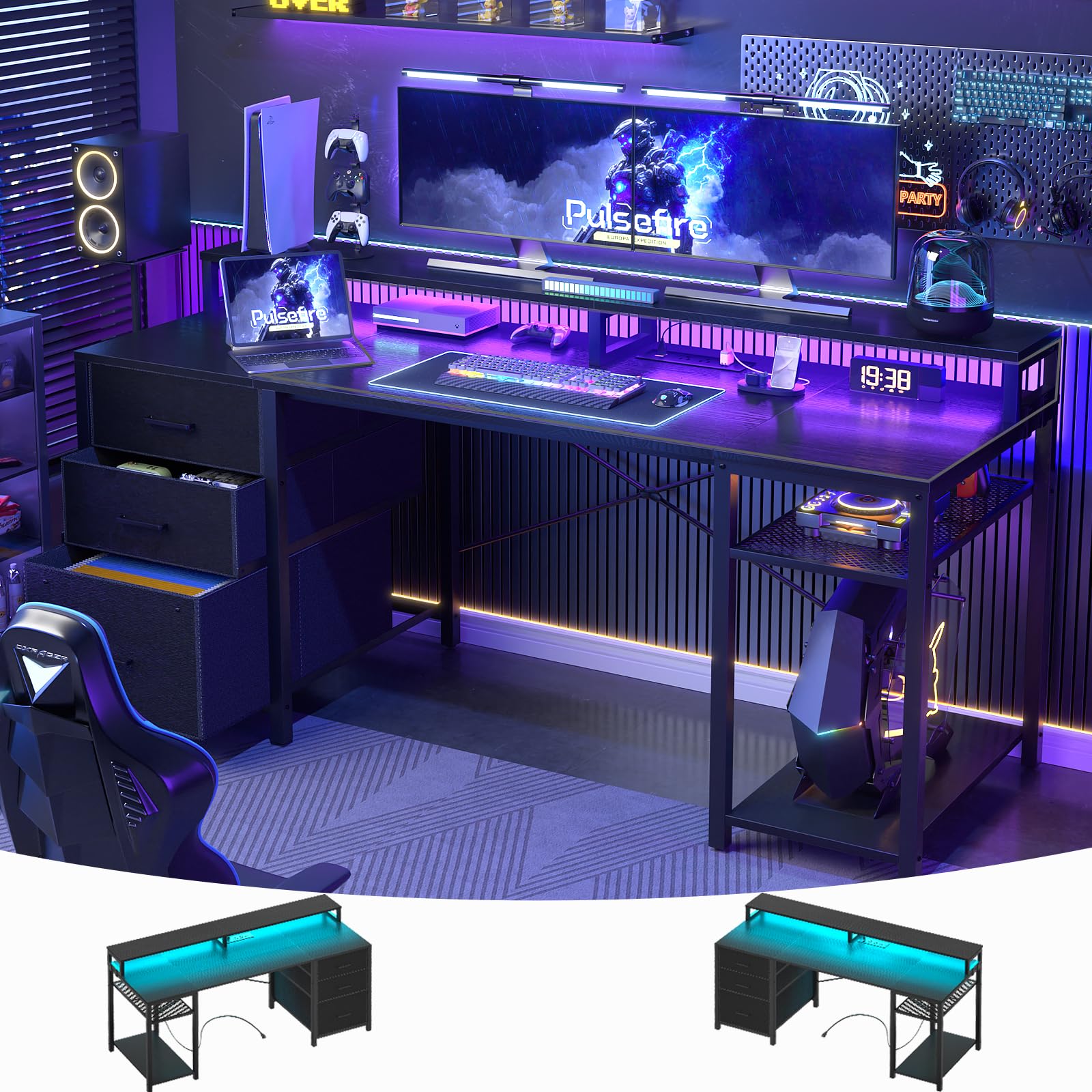 Amazon.com: Aheaplus Gaming Desk with LED Lights and Power Outlets, 59 ...