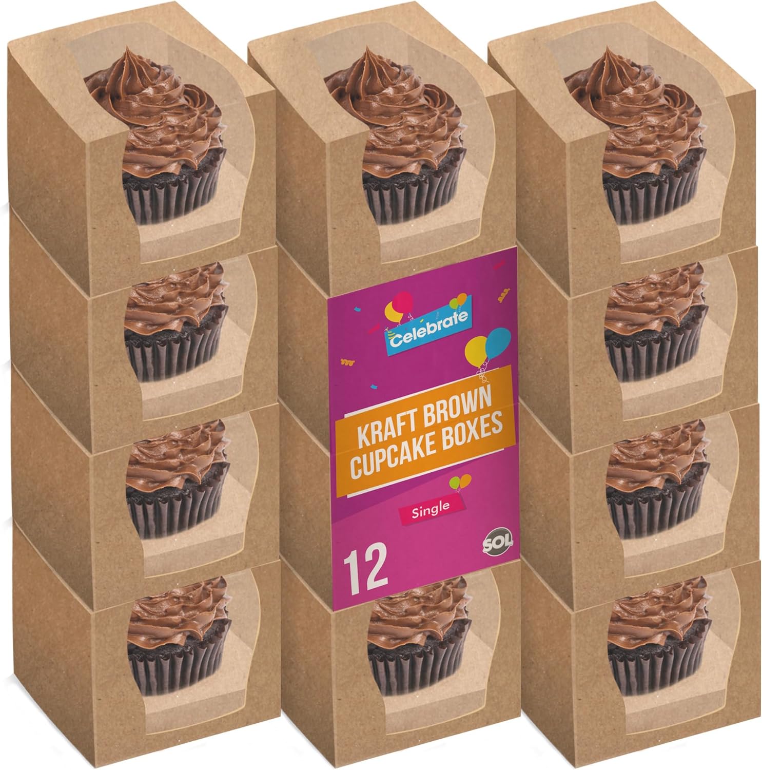 SOL 12pk Kraft Brown Cupcake Boxes – 9x9x9cm Single Cupcake Carrier ...