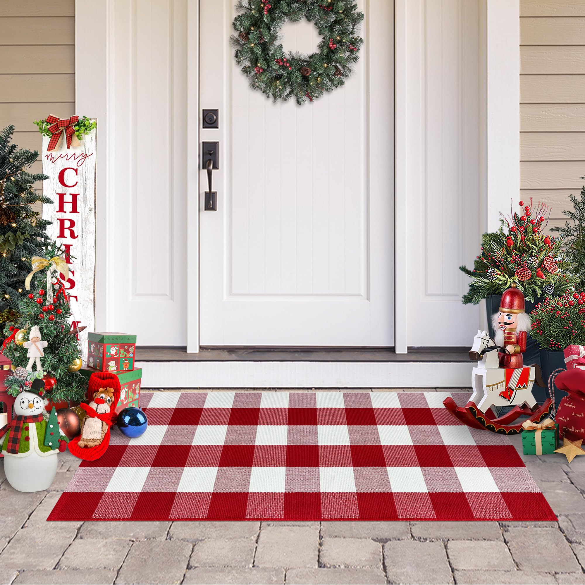 Amazon.com: Aoczes Buffalo Plaid Outdoor Rug Red and White 2x4.3 Cotton ...