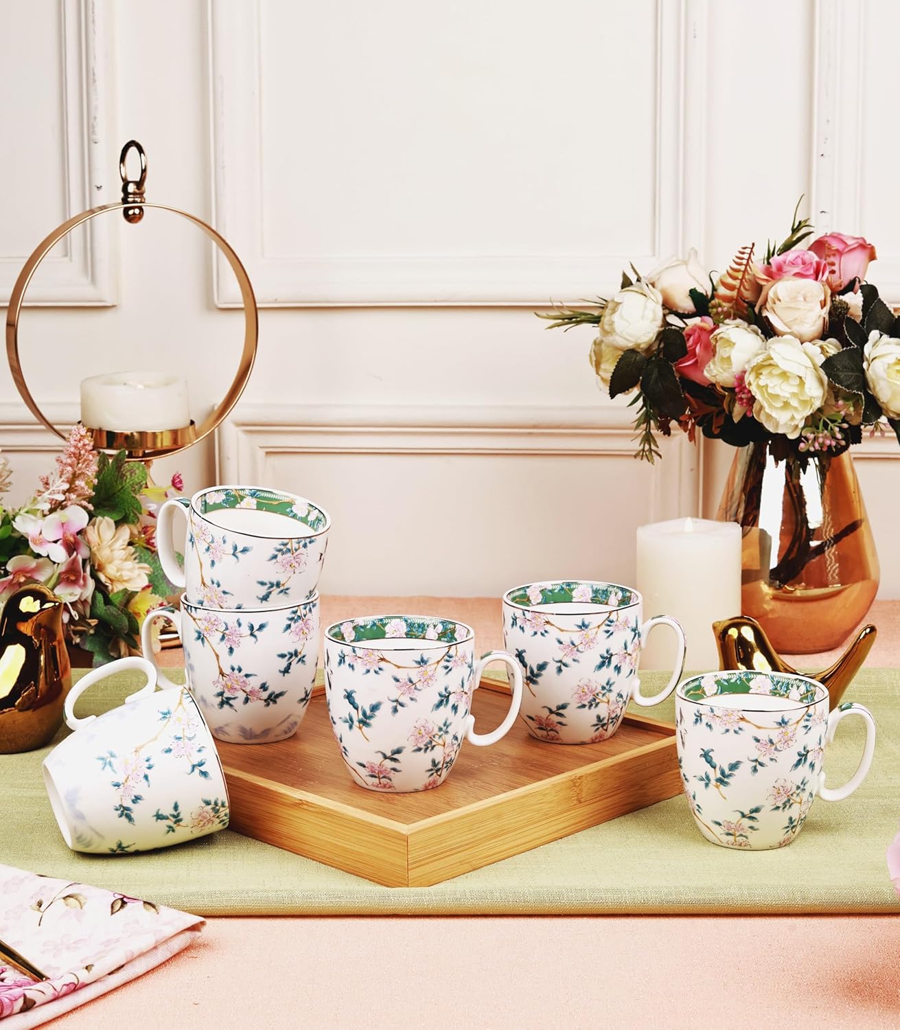 Vigneto Floral Victorian Green Coffee Mug Set | Set of 6 Mugs, 200 ML ...