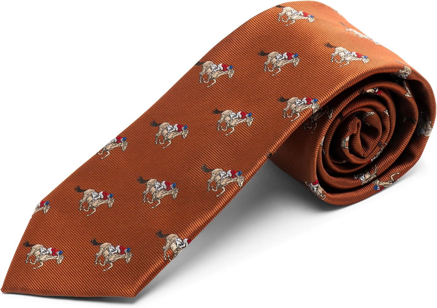 A woven Bronze colour tie with horse racing jockeys, very smart to wear ...