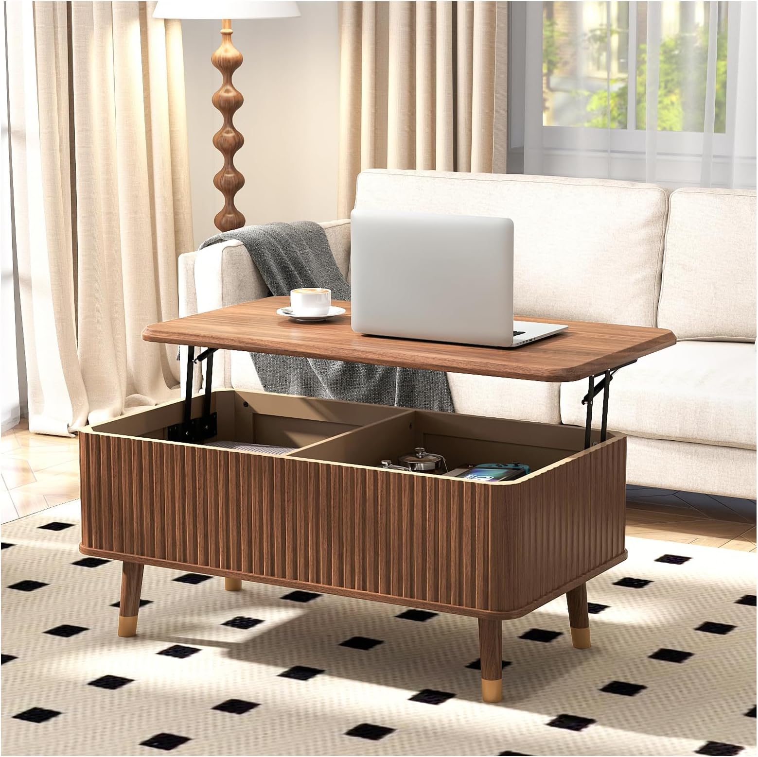 Amazon.com: Mid Century Modern Coffee Table with Grooved Drawers & Open ...