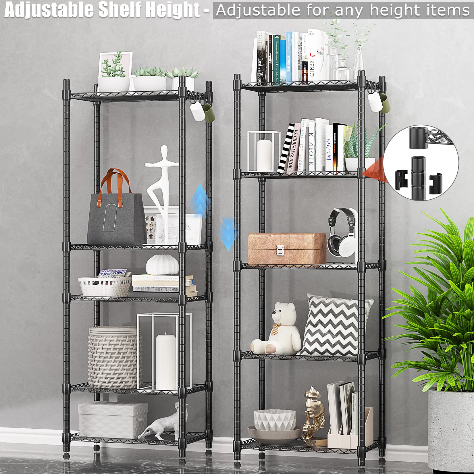 JEROAL 5 Tier Wire Shelving Unit, Adjustable Height Storage Shelf ...