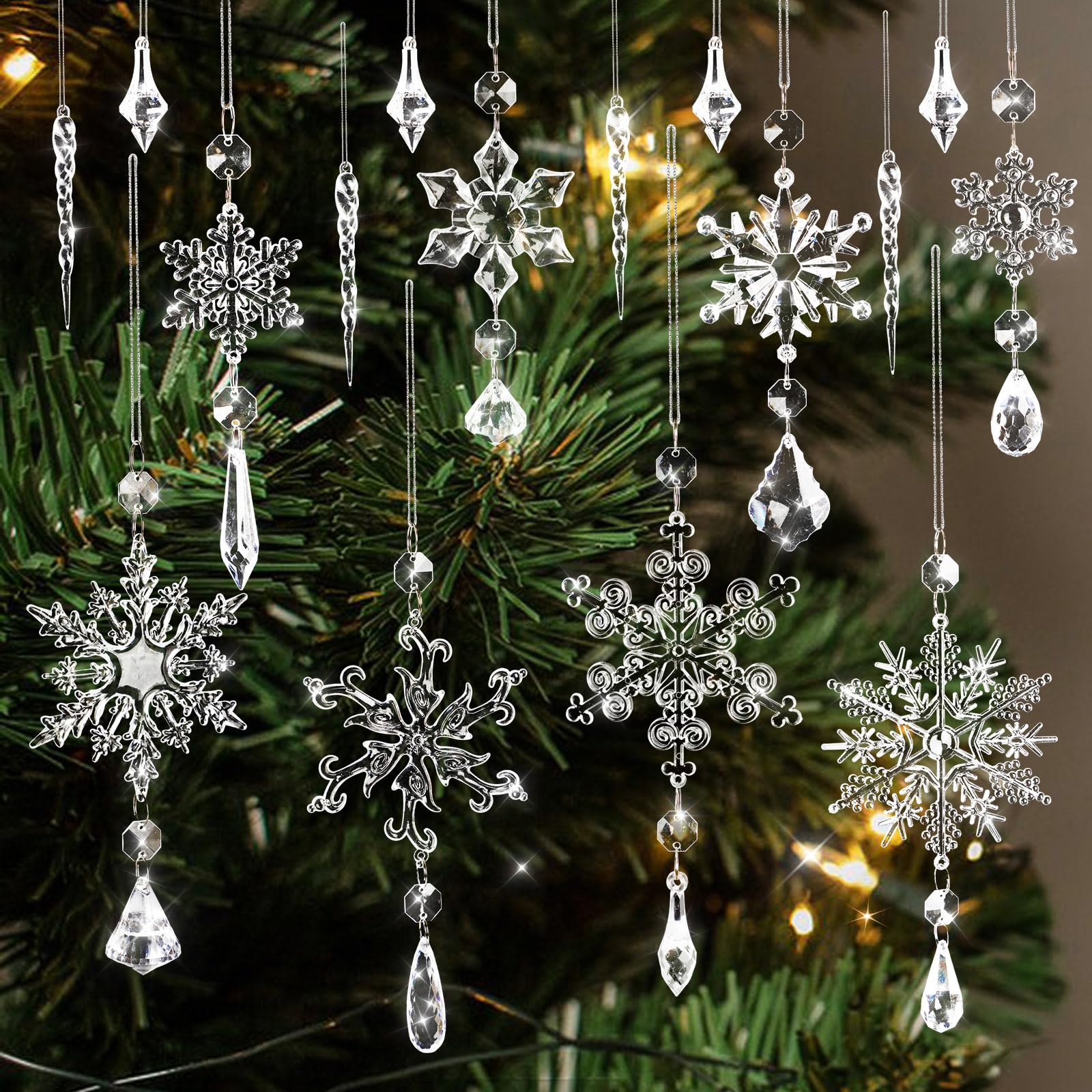 Amazon.com: Christmas Tree Ornaments, 16pcs Crystal Snowflake Ornaments ...