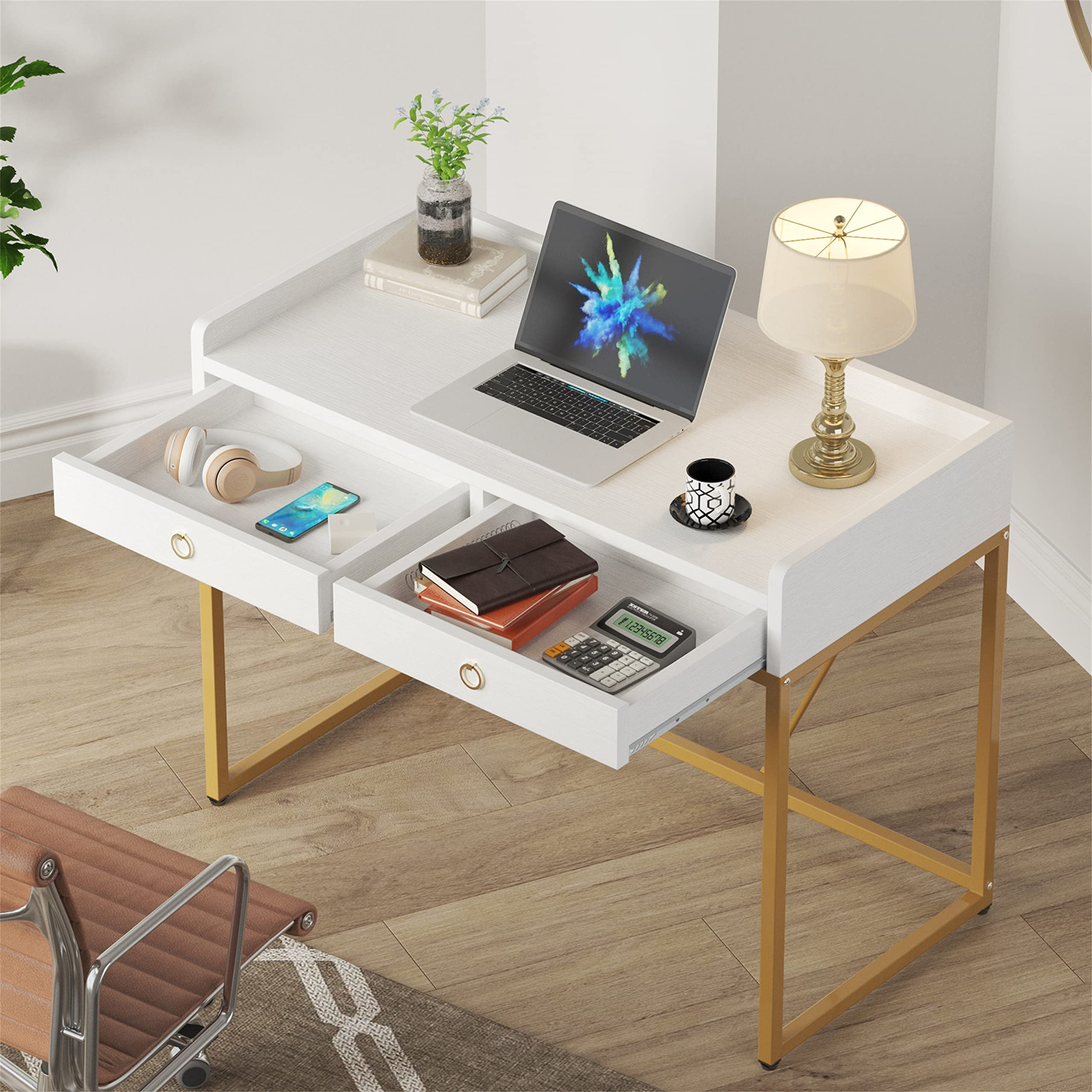 (Similar)Computer Desk Writing with 2 Drawers Home Office Simple Table ...