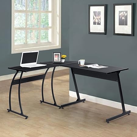Amazon.com: Black Finish Metal Wood L-Shape Corner Computer Desk PC ...