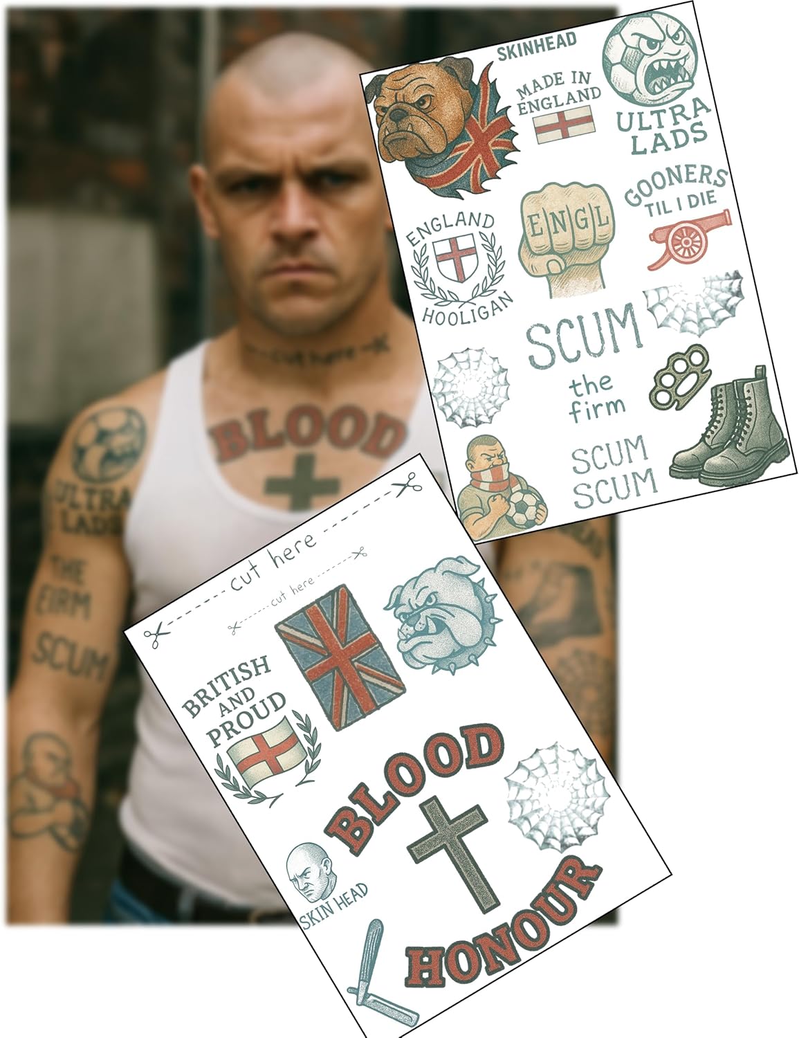 British Hooligan & Skinhead Fake Tattoos – 2 A4 Sheets – Realistic No ...