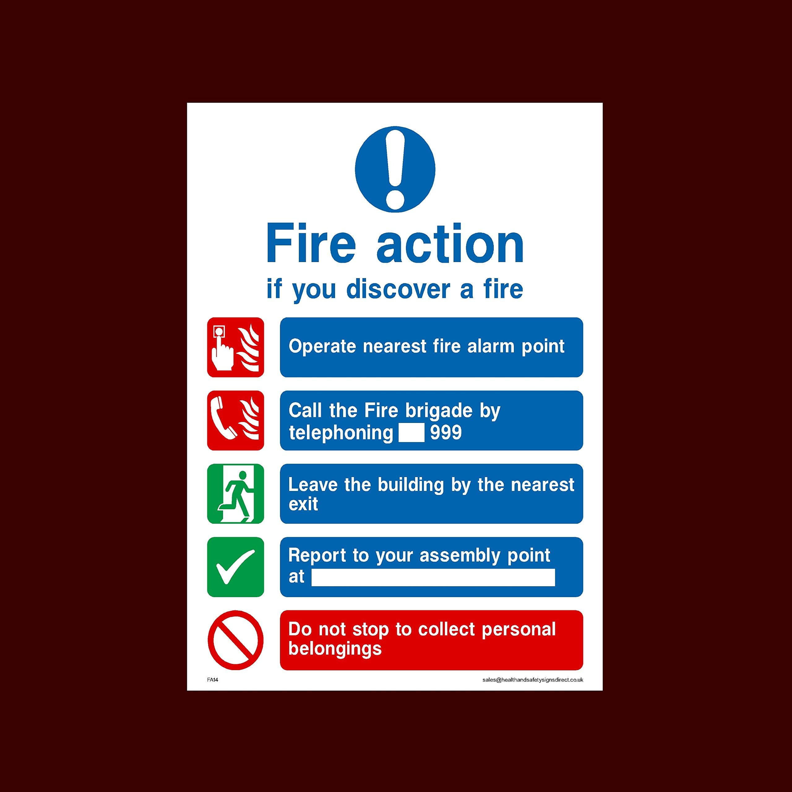 Fire Action Discovering a fire Plastic Sign - Fire, Assembly Point ...