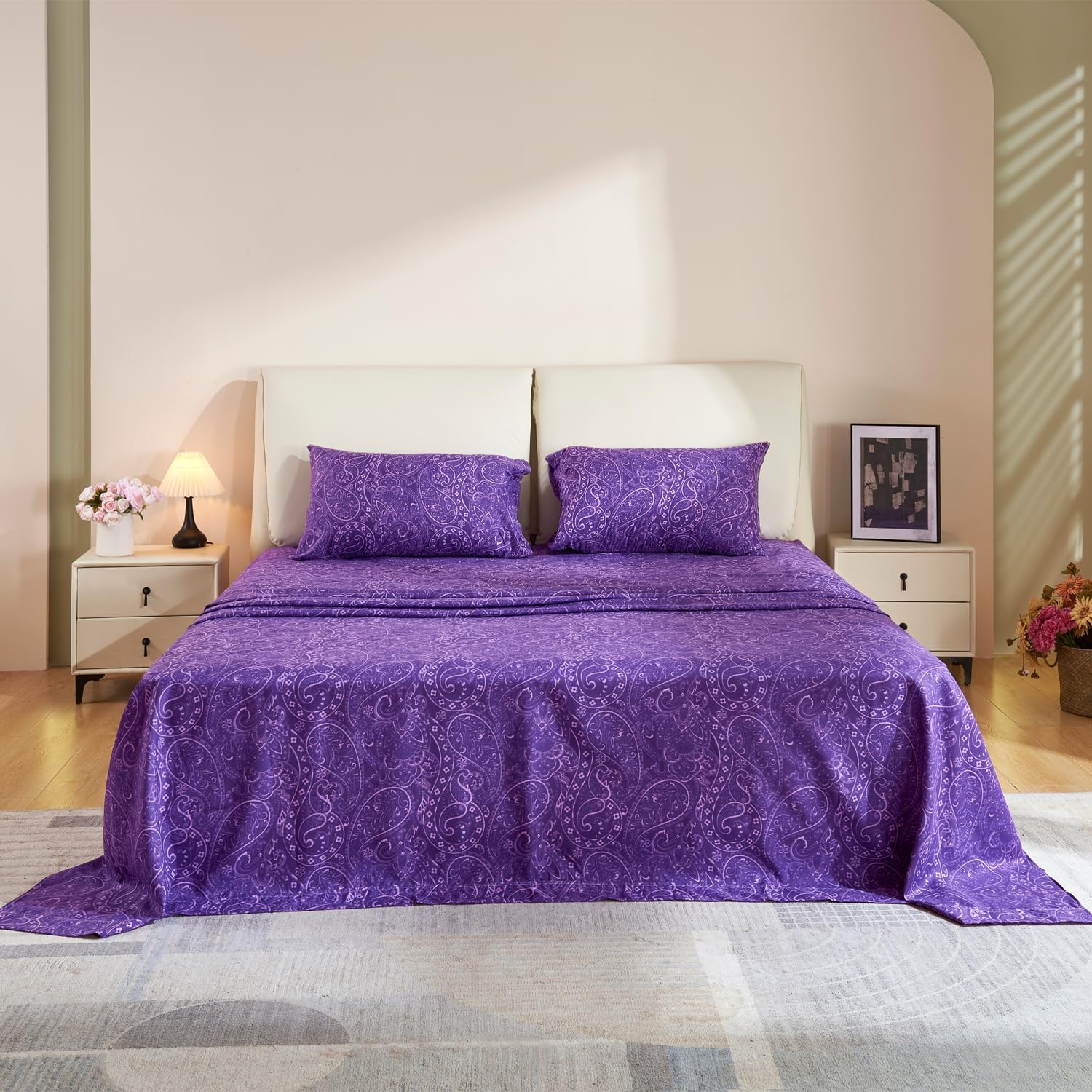 Amazon.com: KACEMOO Bed Sheets Full Size Purple Paisley Sheets Printed ...