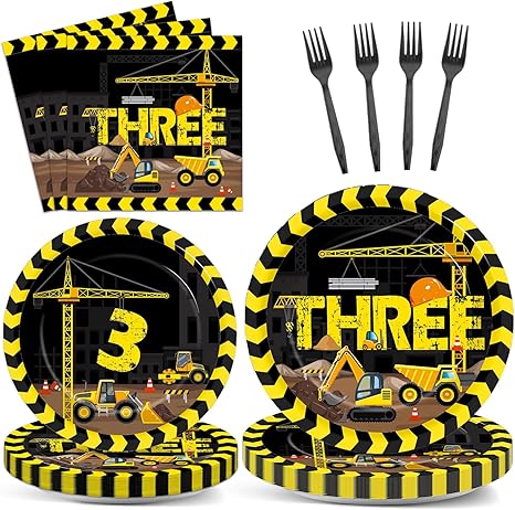 Amazon.com: Qyeahkj 100 Pcs Construction 3rd Birthday Party Tableware ...