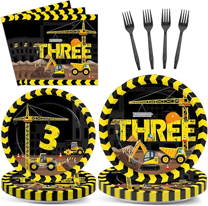 Amazon.com: Qyeahkj 100 Pcs Construction 3rd Birthday Party Tableware ...