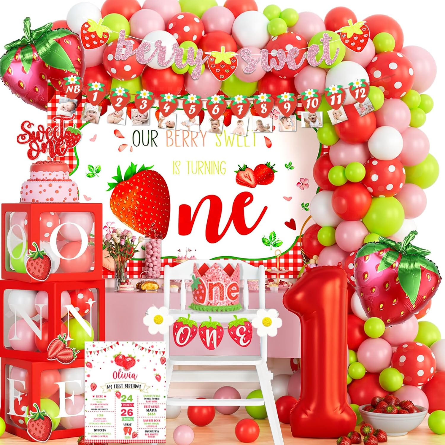 Amazon.com: Hombae 1st Birthday Decorations Girl, Berry Sweet One Party ...