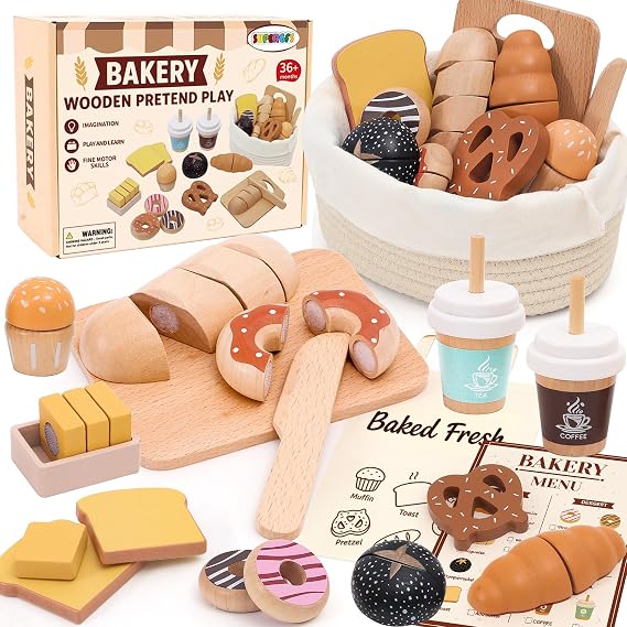Amazon.com: Wooden Bakery Playset Food Toys, Kids Pretend Play Food ...