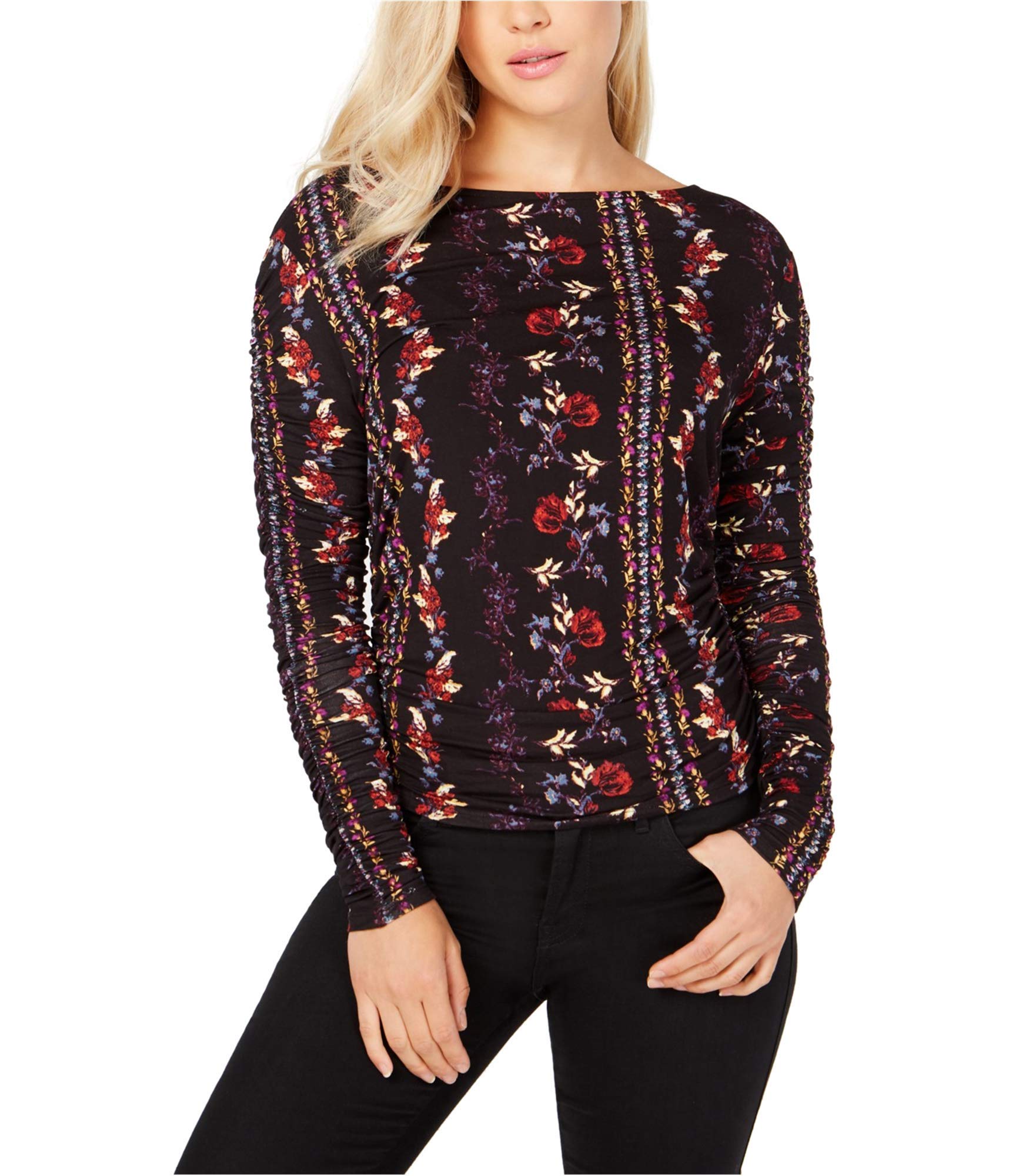 Guess Women's Long Sleeve Zion Ruched Top, Twisted Vine Print Jet Black ...