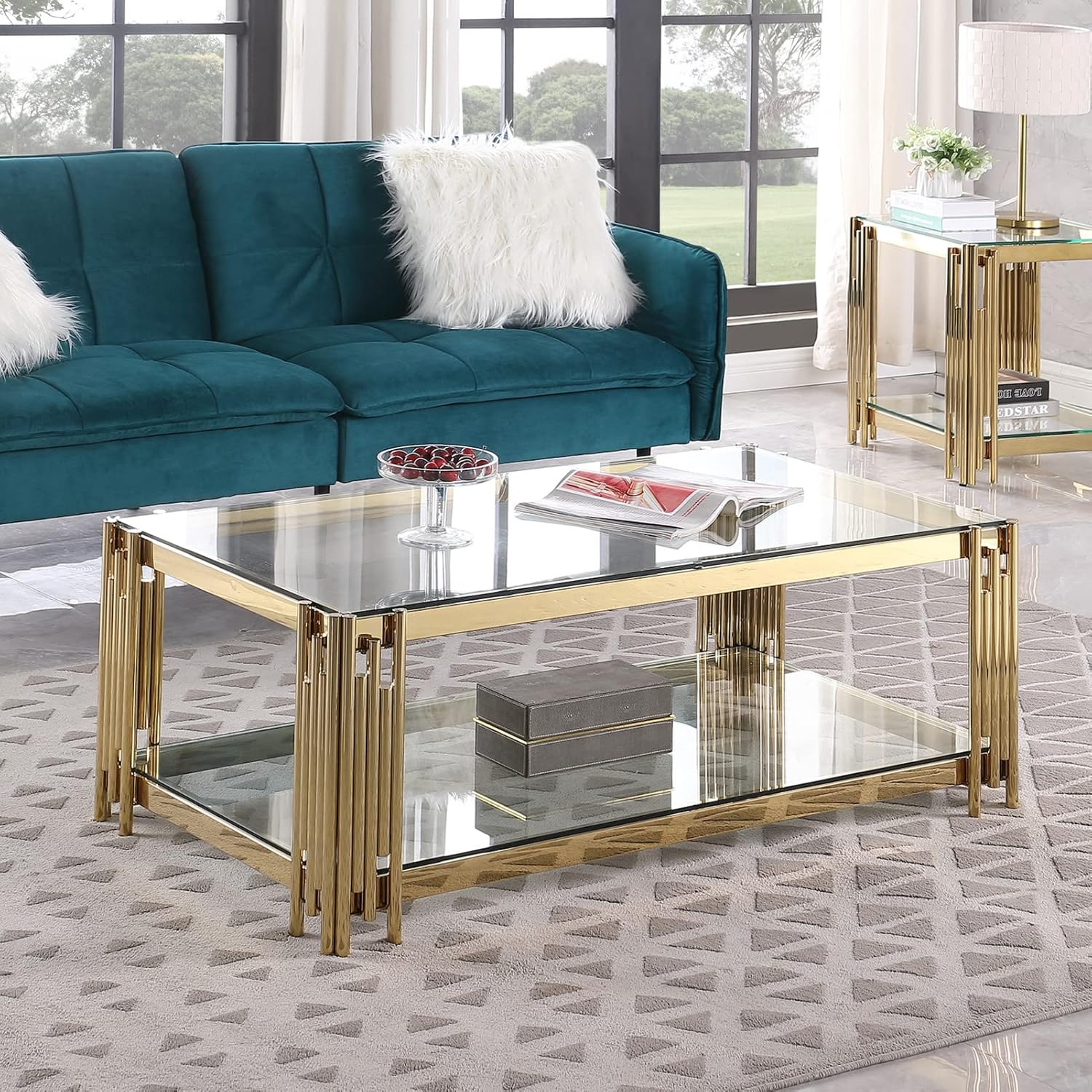 Amazon.com: SSLine Clear Glass Coffee Table with Gold Stainless Steel ...