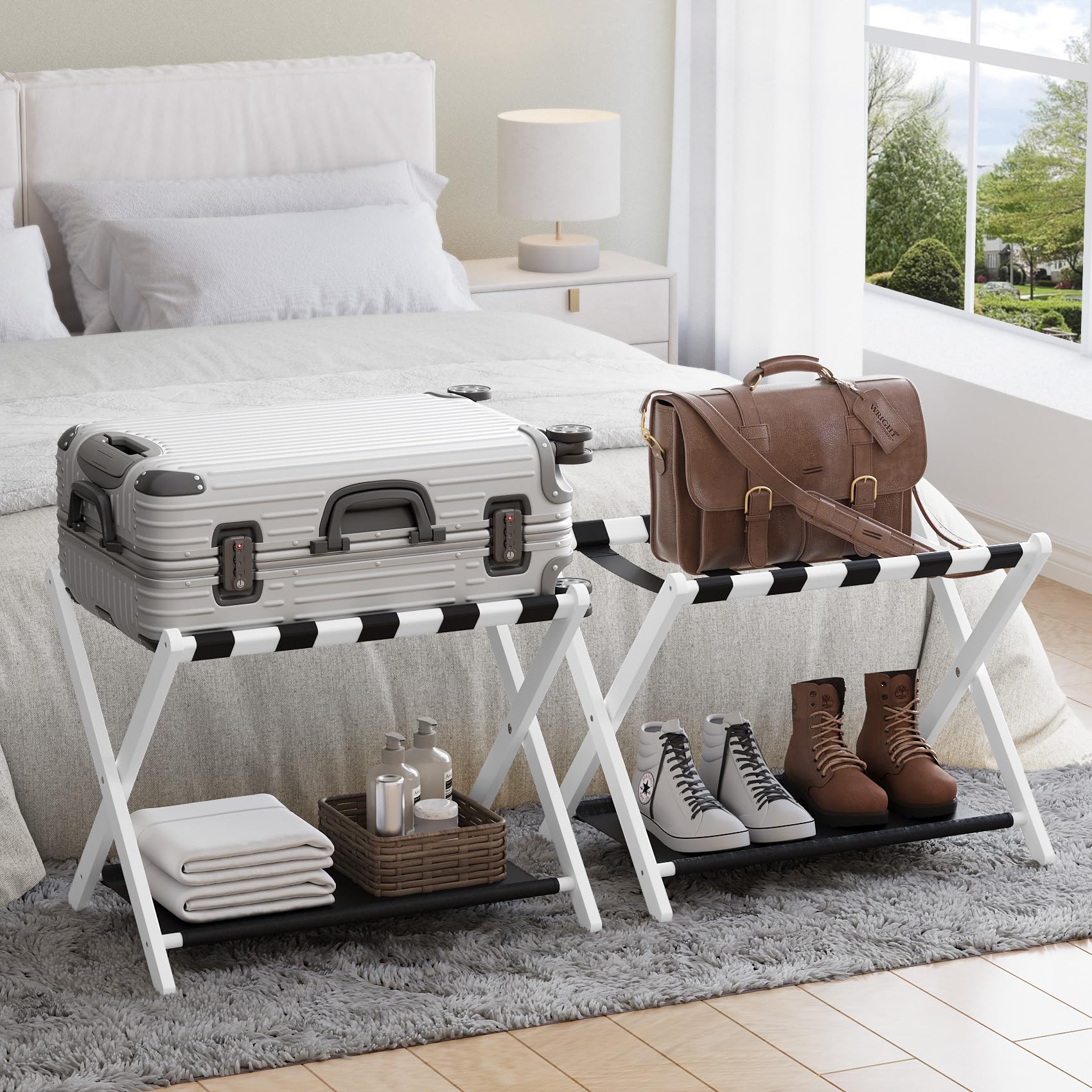 Semiocthome 2 Packs White Bamboo Luggage Racks, Portable Suitcase Stand ...