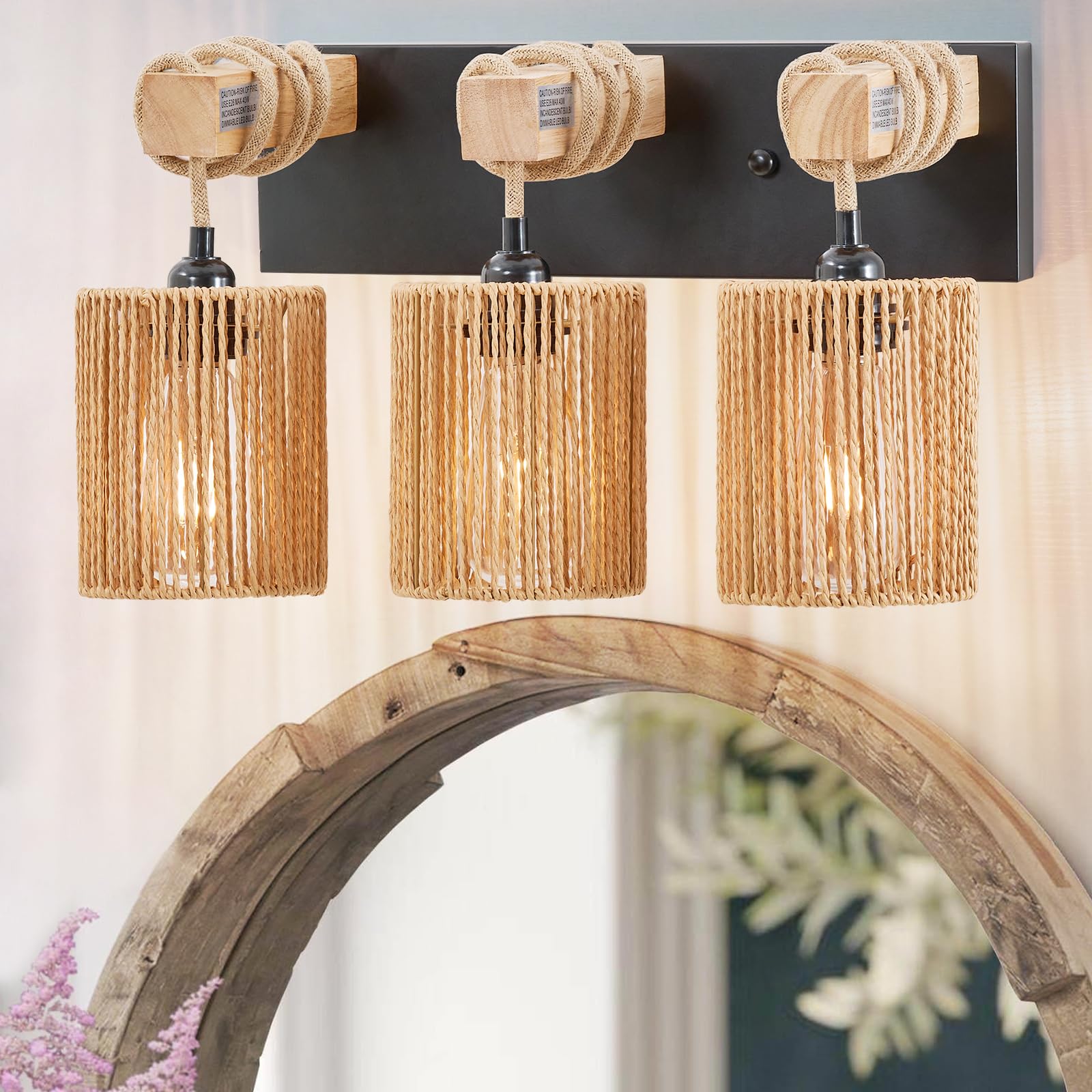 3-Light Bathroom Light Fixtures, 18.5inches Width Boho Rattan Woven ...