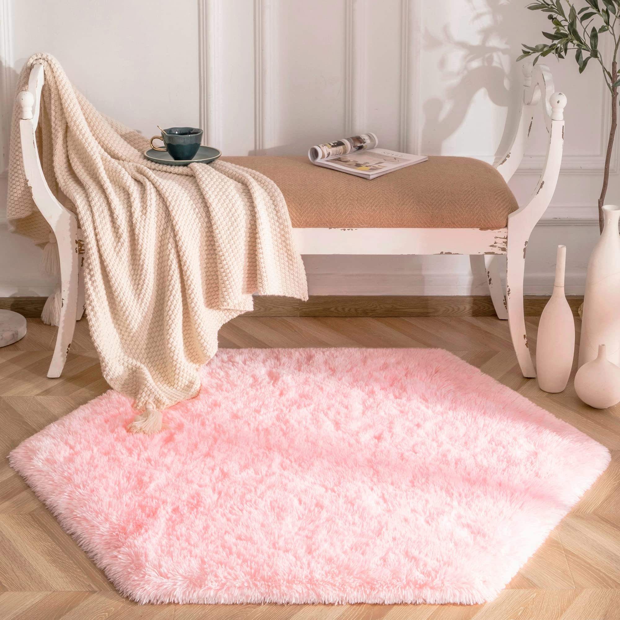 Buy EVOIONOS Pink Hexagon Rug for Princess Tent , Fluffy Area Rug for ...