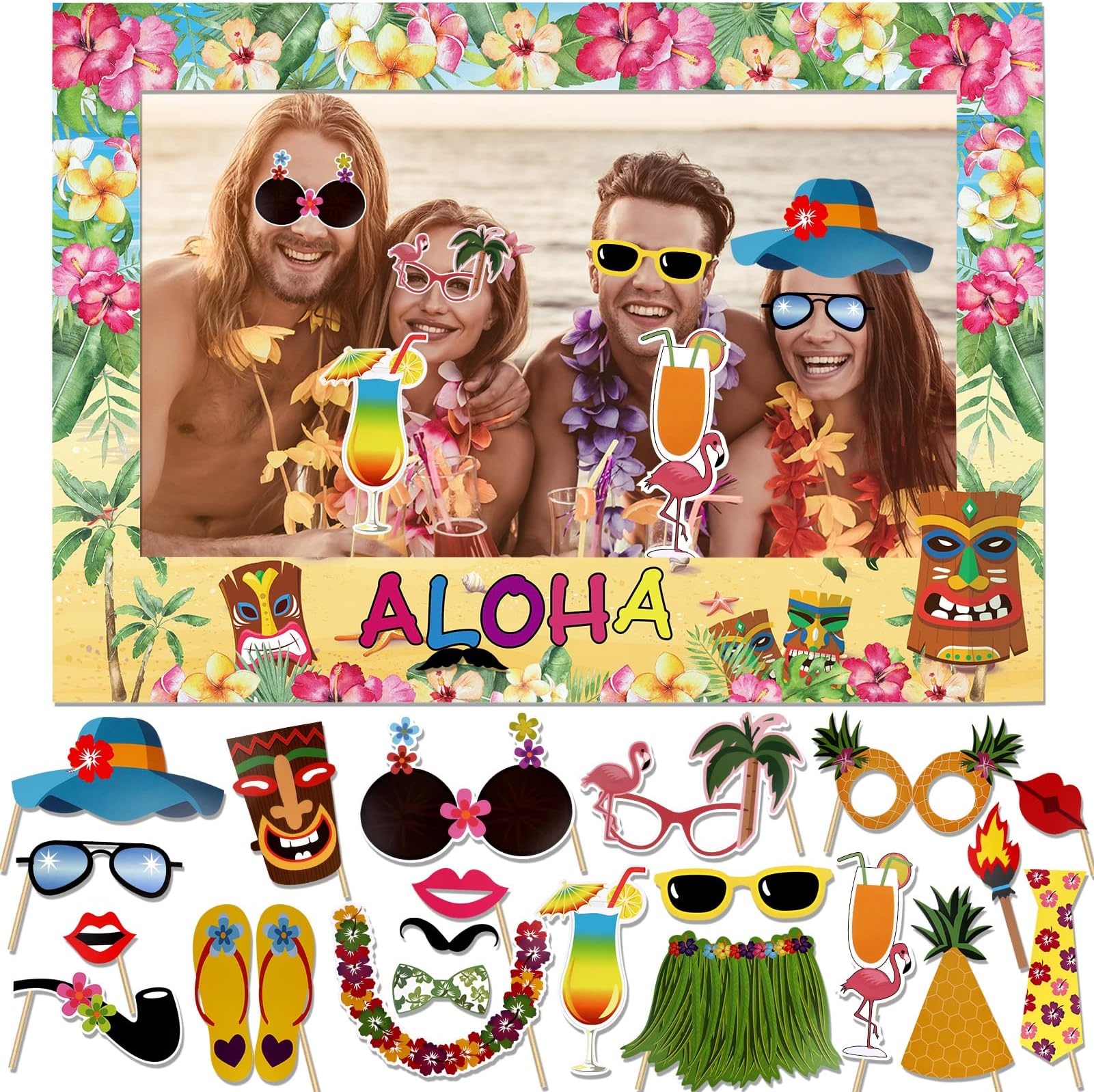 Amazon.com: HOWAF Luau Tropical Party Photo Booth Props, Hawaiian ...