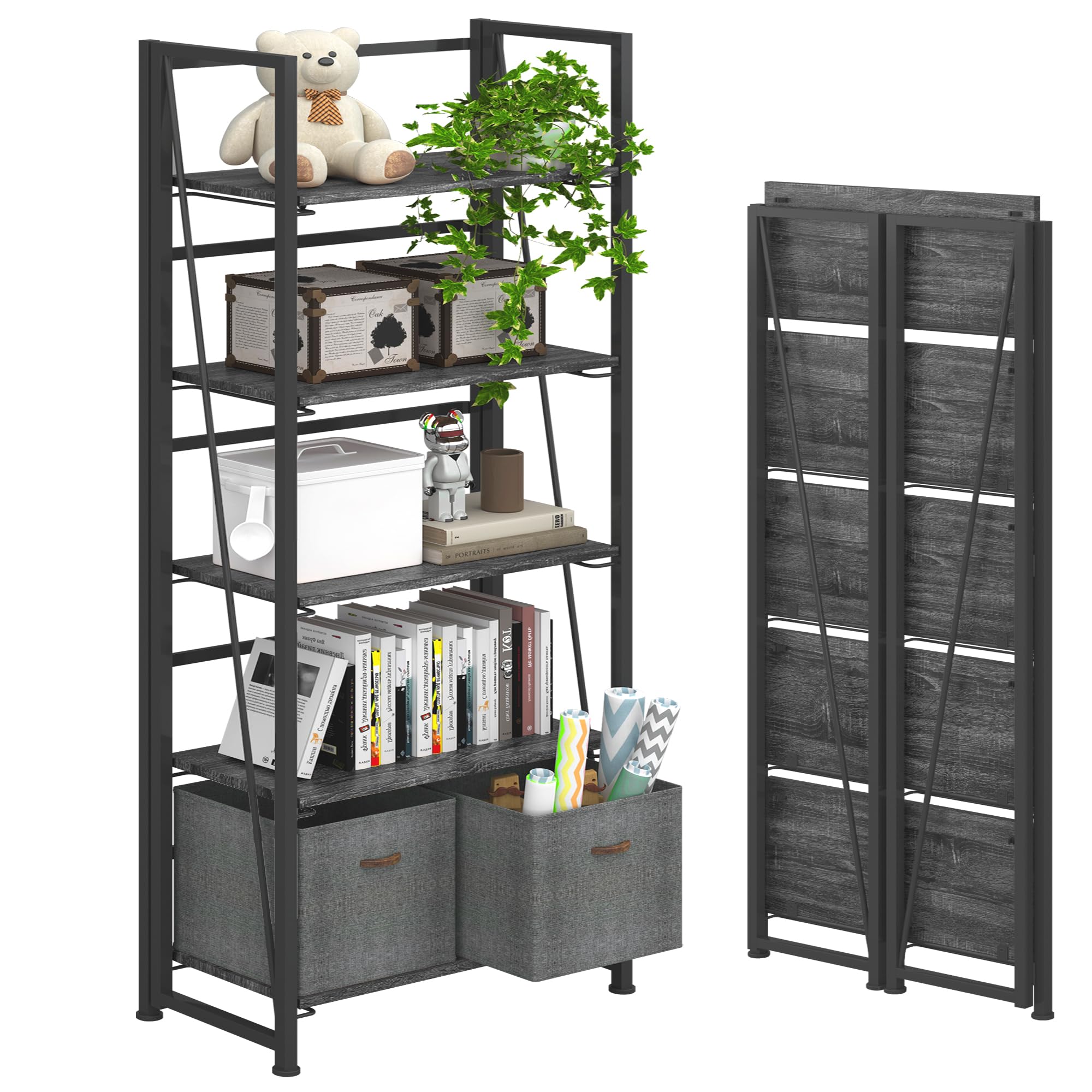 Amazon.com: 4NM No-Assembly Folding Bookshelf Storage Shelves 5 Tiers ...