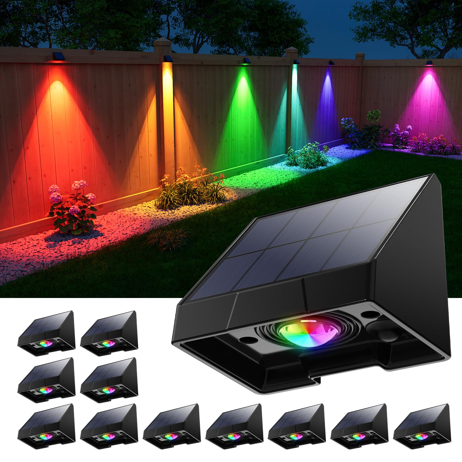12 Pack Color Changing Solar Powered Fence Lights Outdoor Decorative ...
